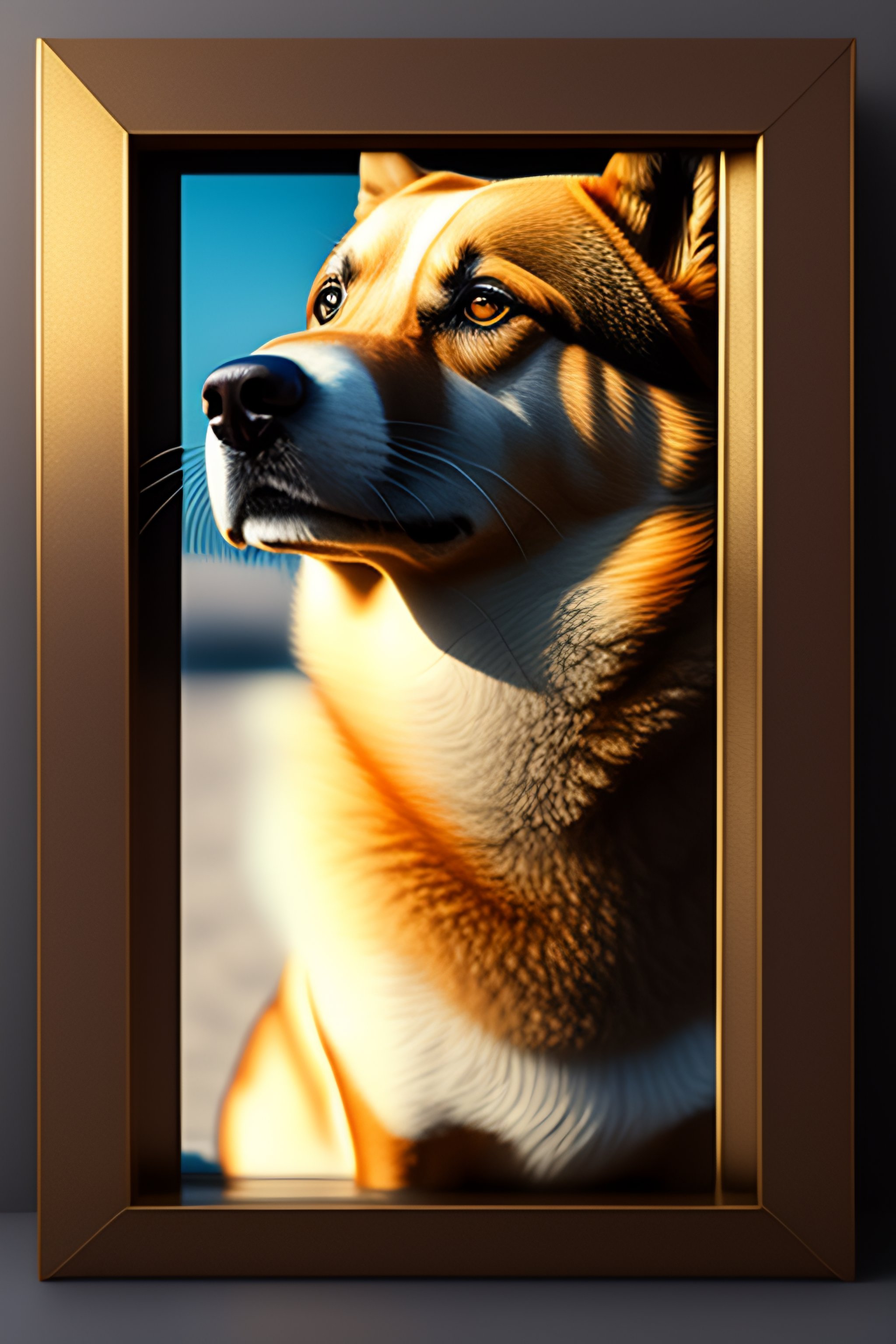 Lexica - Doge coin hound, in a frame, golden background, coin side