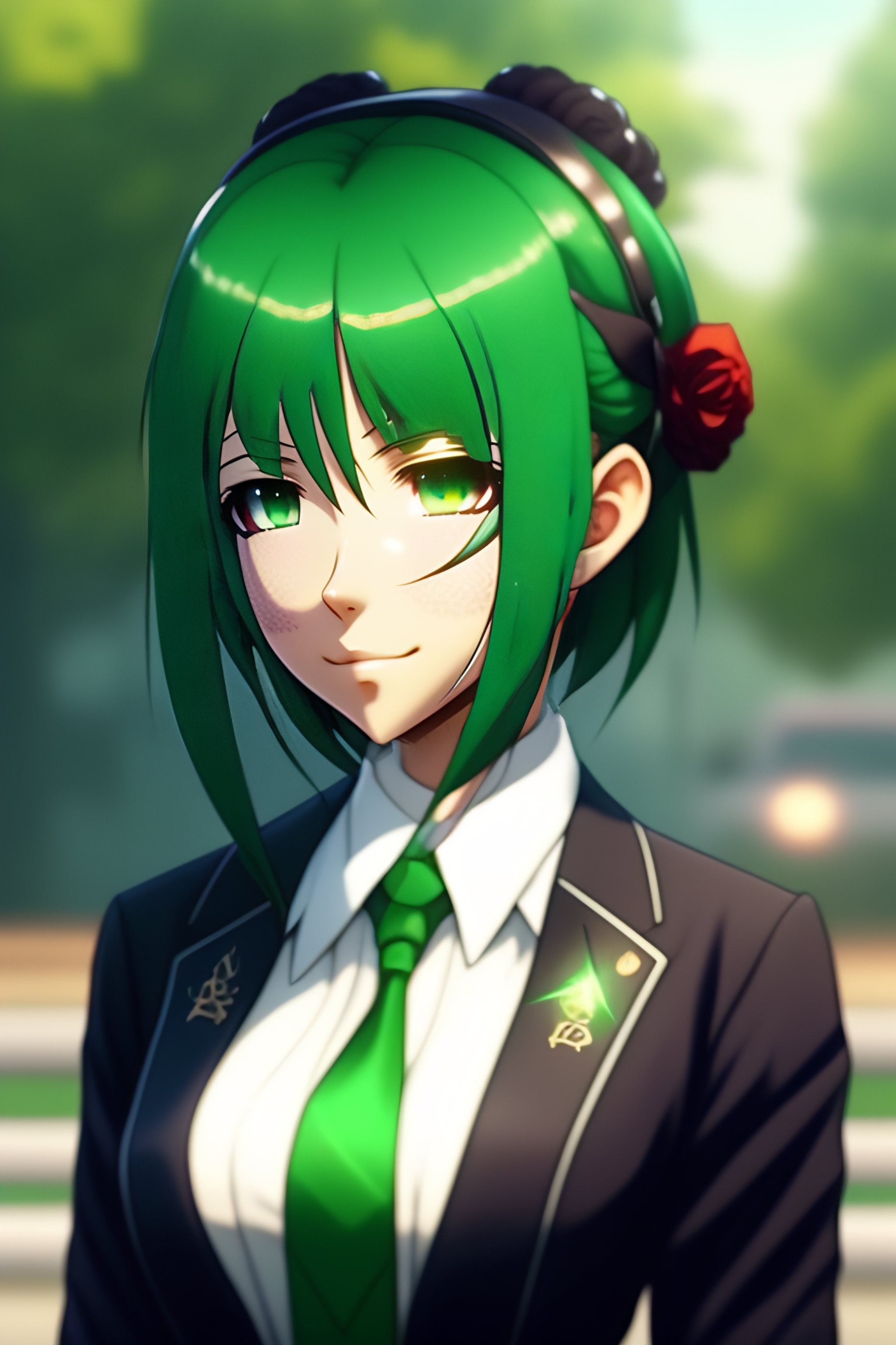 Lexica - Anime,light green hair pigtails,small smirk,black suit,short ...