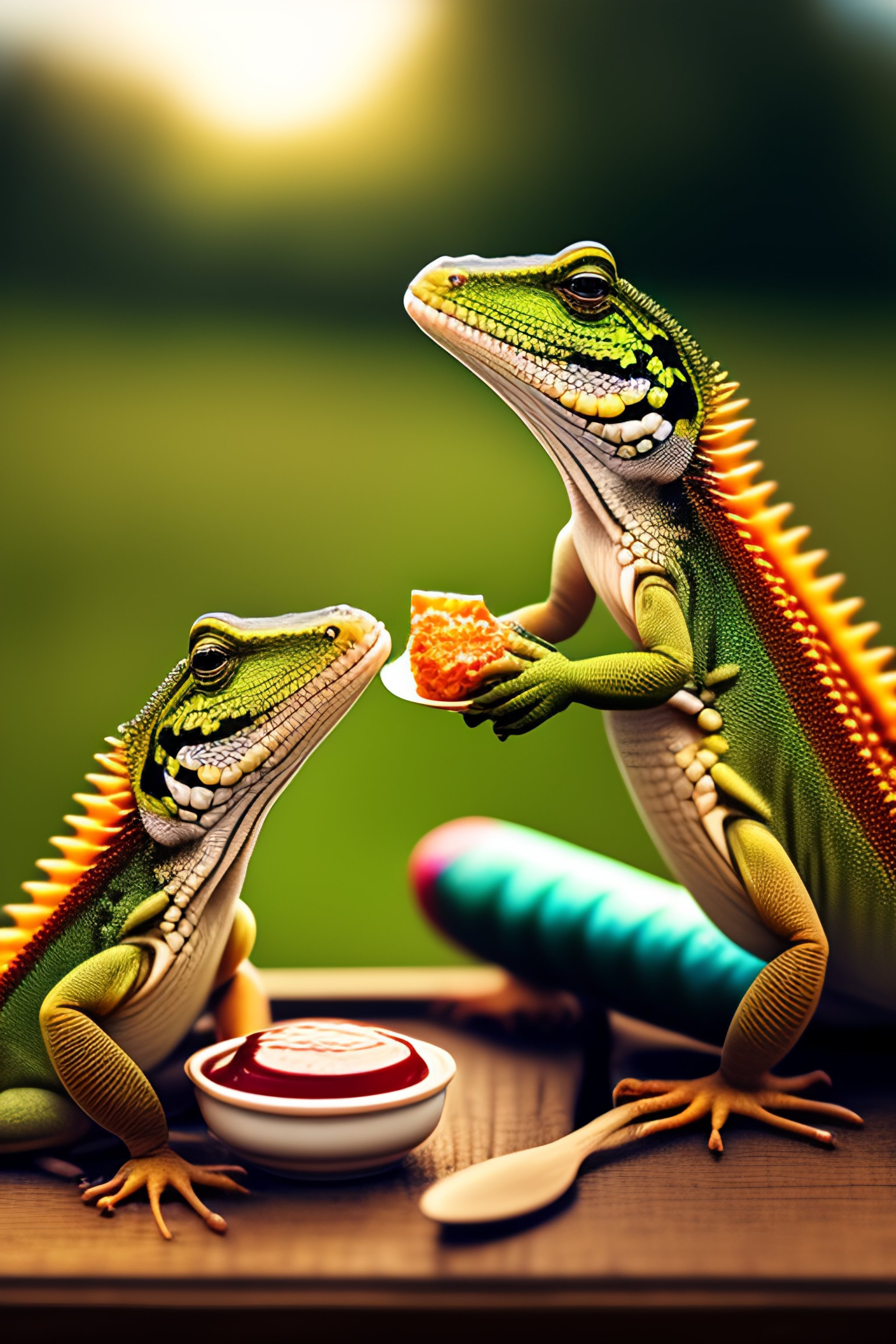 Lexica - Lizards eating hotdogs with mustard at the picnic