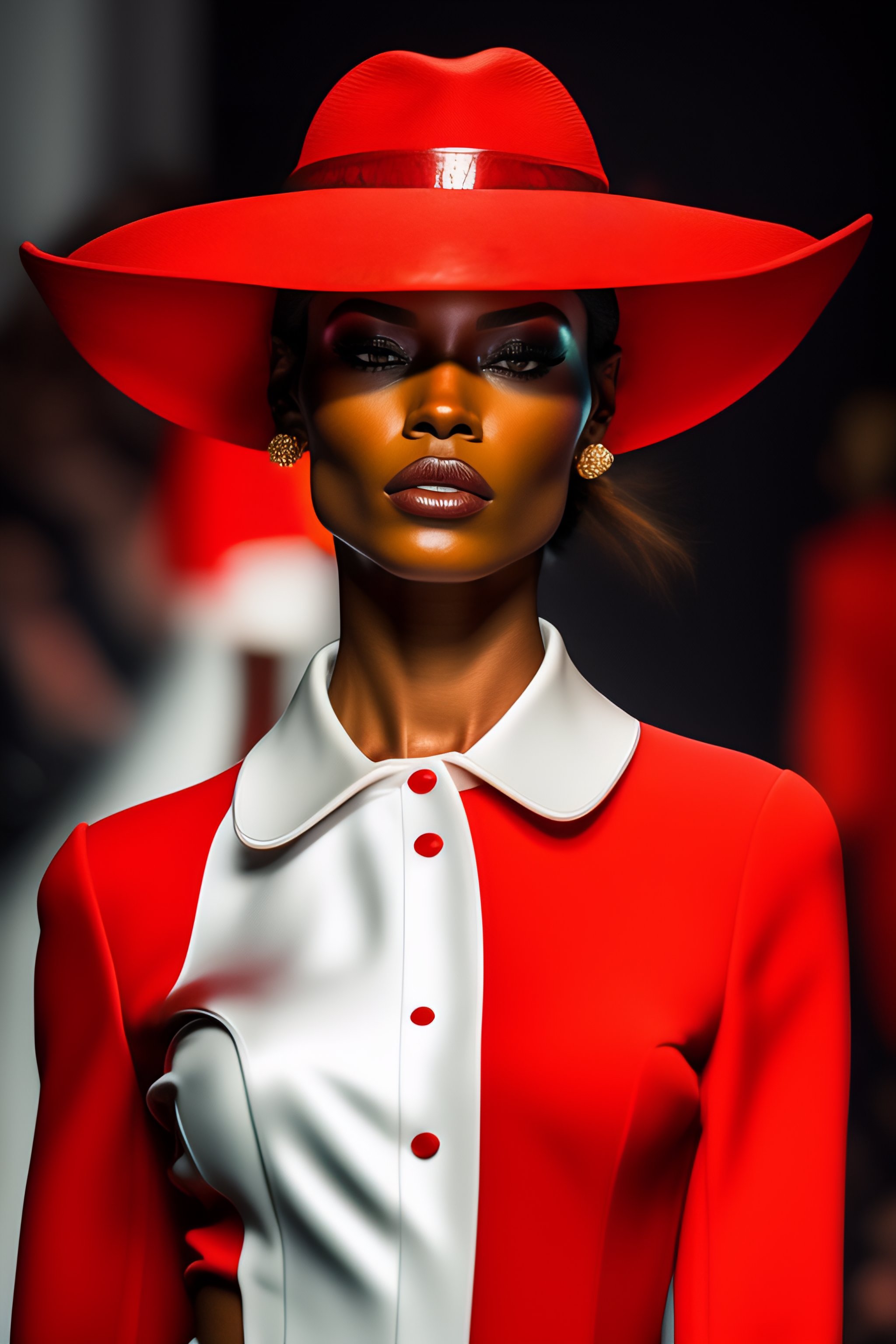 Lexica - Red cow Model portrait on catwalk with Woman Model