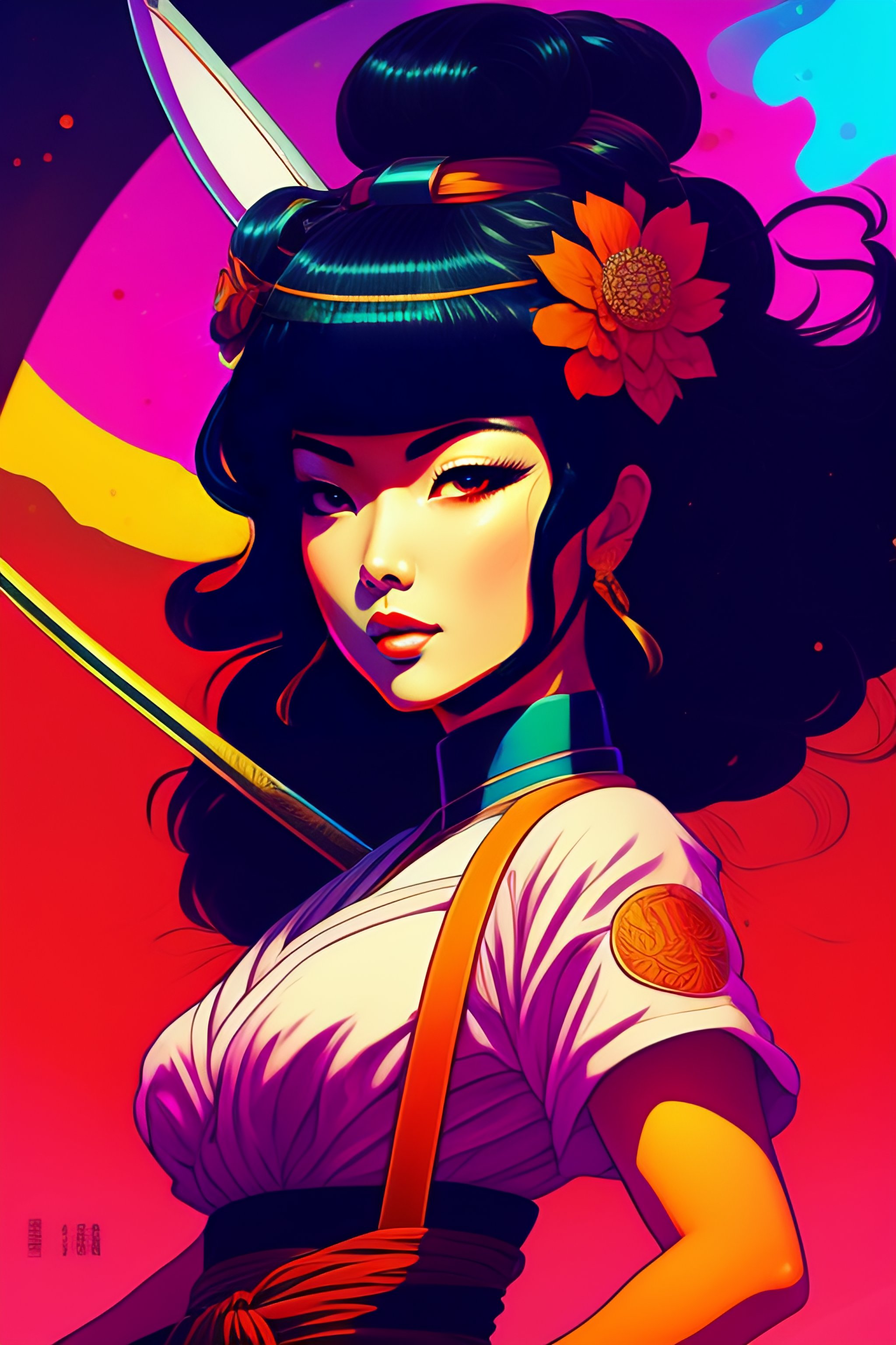 Lexica - Geisha holding a katana with a psychedelic backgroun, style of ...
