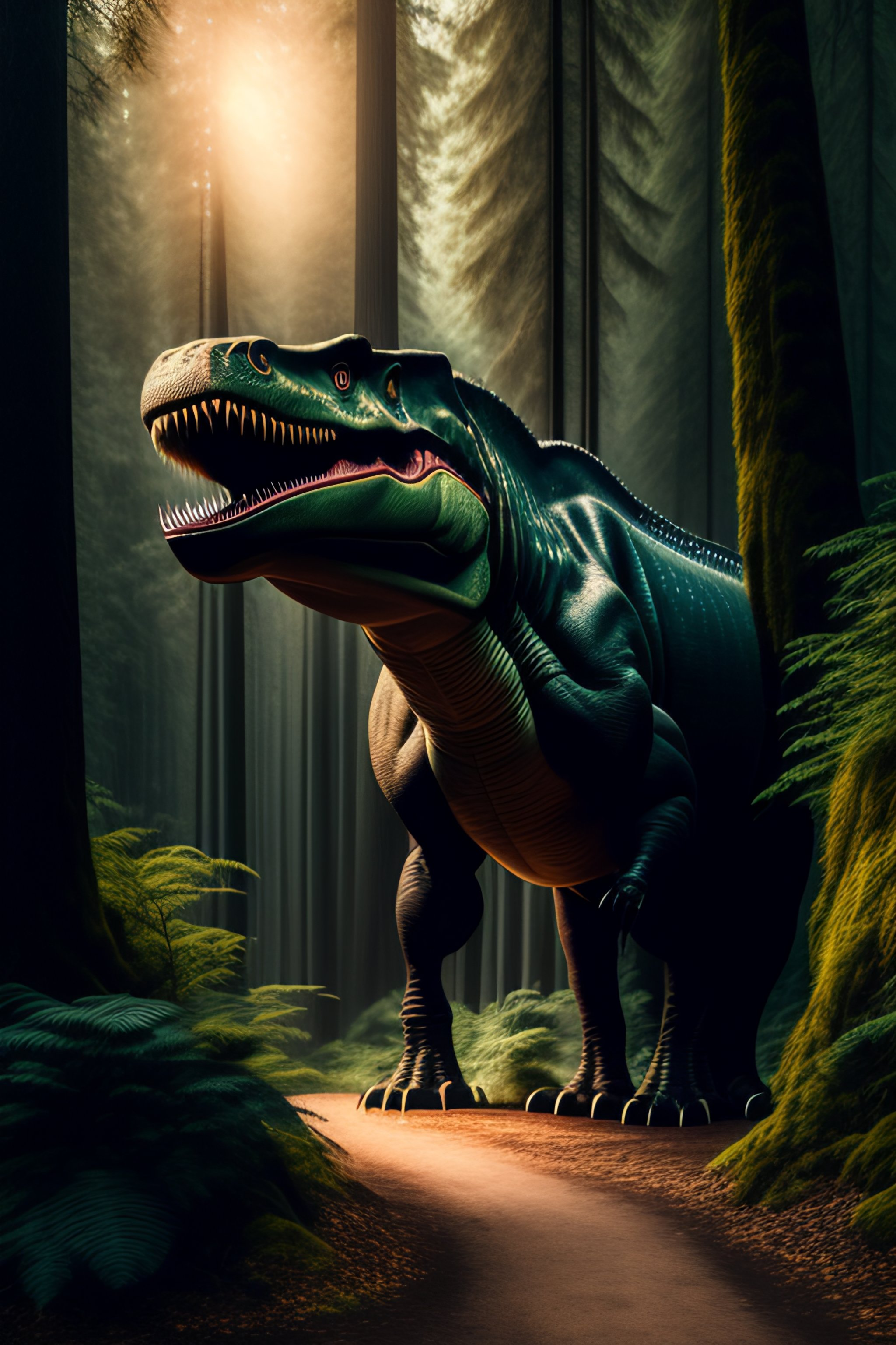 Lexica - Hyper realistic vintage photograph of a real trex in a forest ...