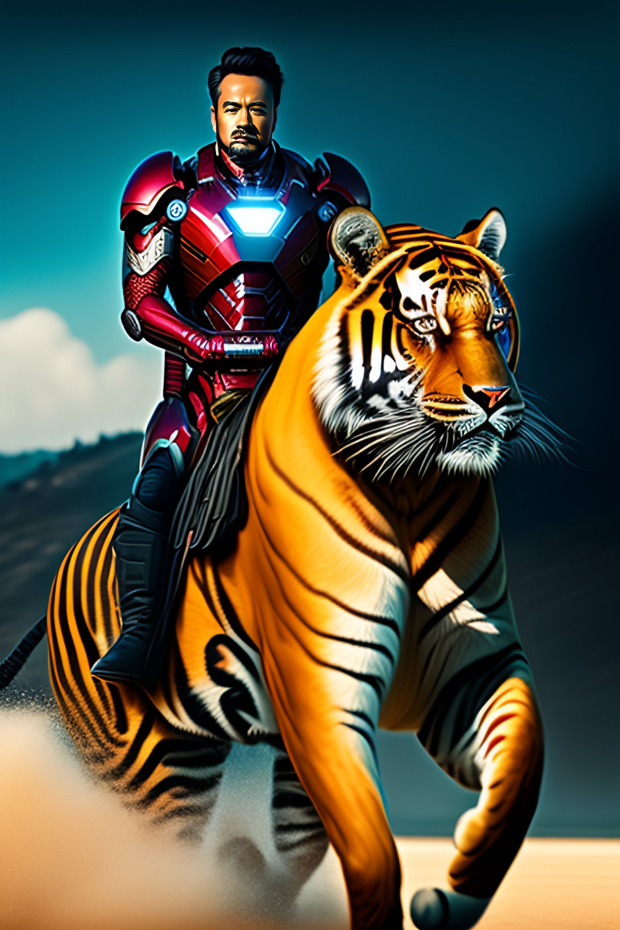 Lexica - Portrait of Ironman riding a tiger.