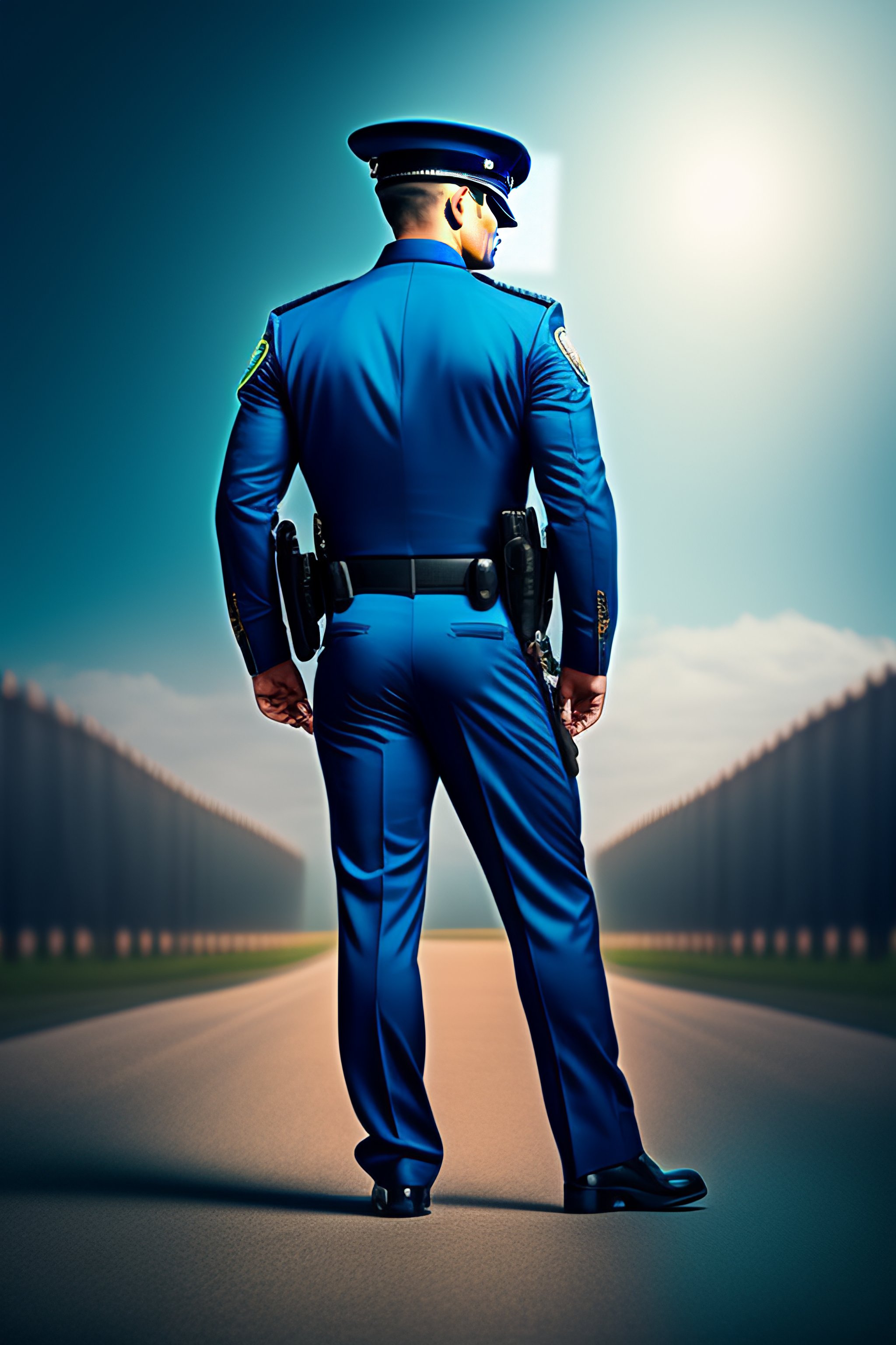 Lexica - Policeman, with sunglasses, full body, looking ahead, blue ...