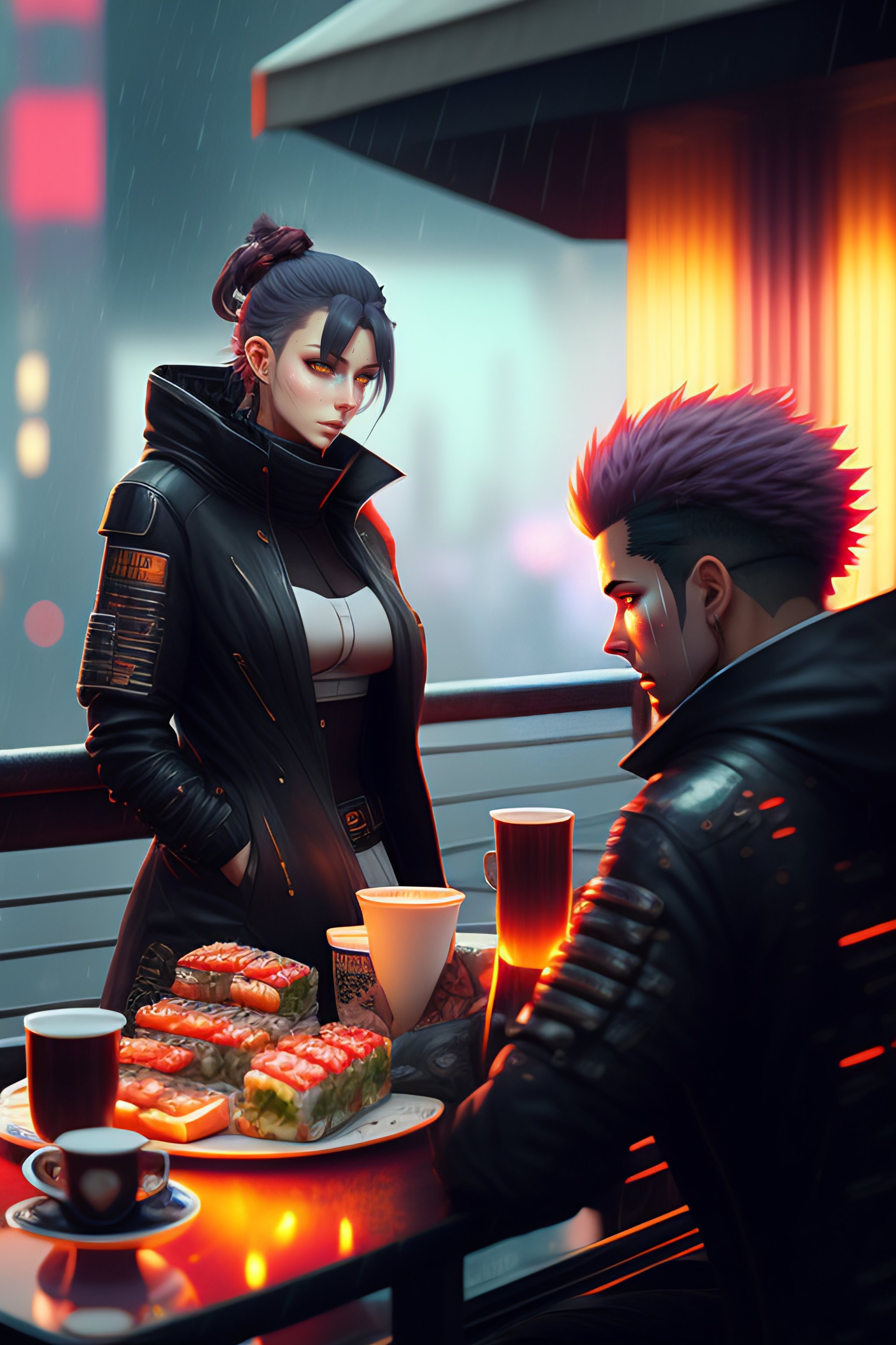 Lexica - A group of cyberpunk cyborg eating sushi on a table outside in ...