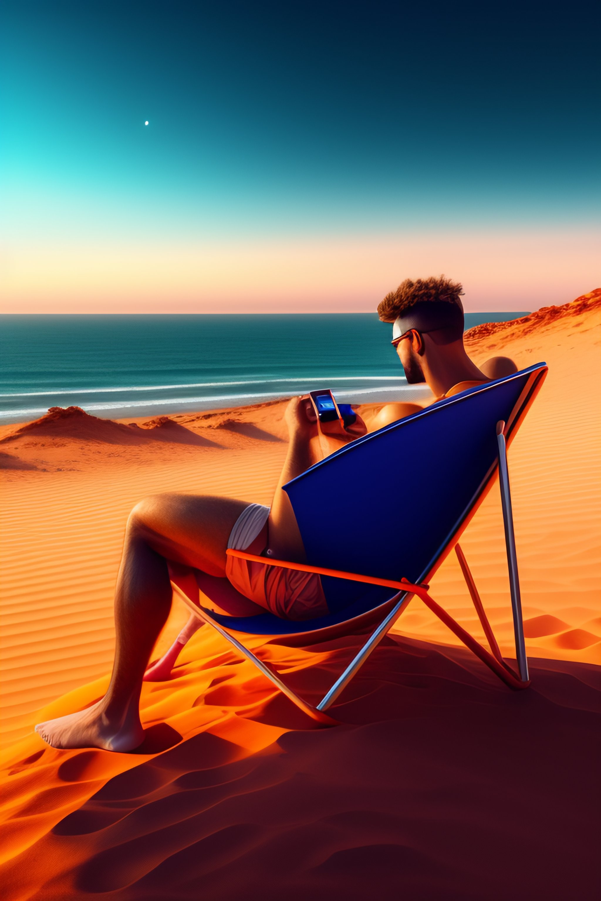 Lexica - A man resting on mars in a beach chair, vibrant lighting ...