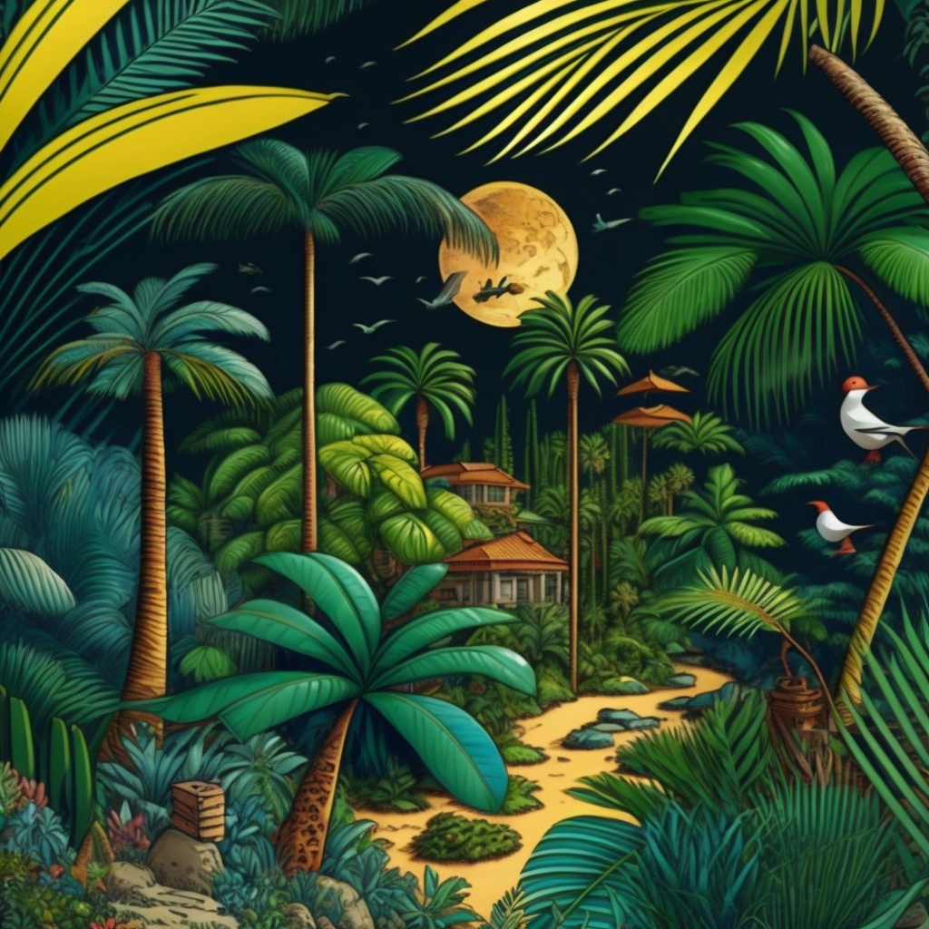 Lexica - Maximalist chaotic jungle palm trees, birds eye view ...