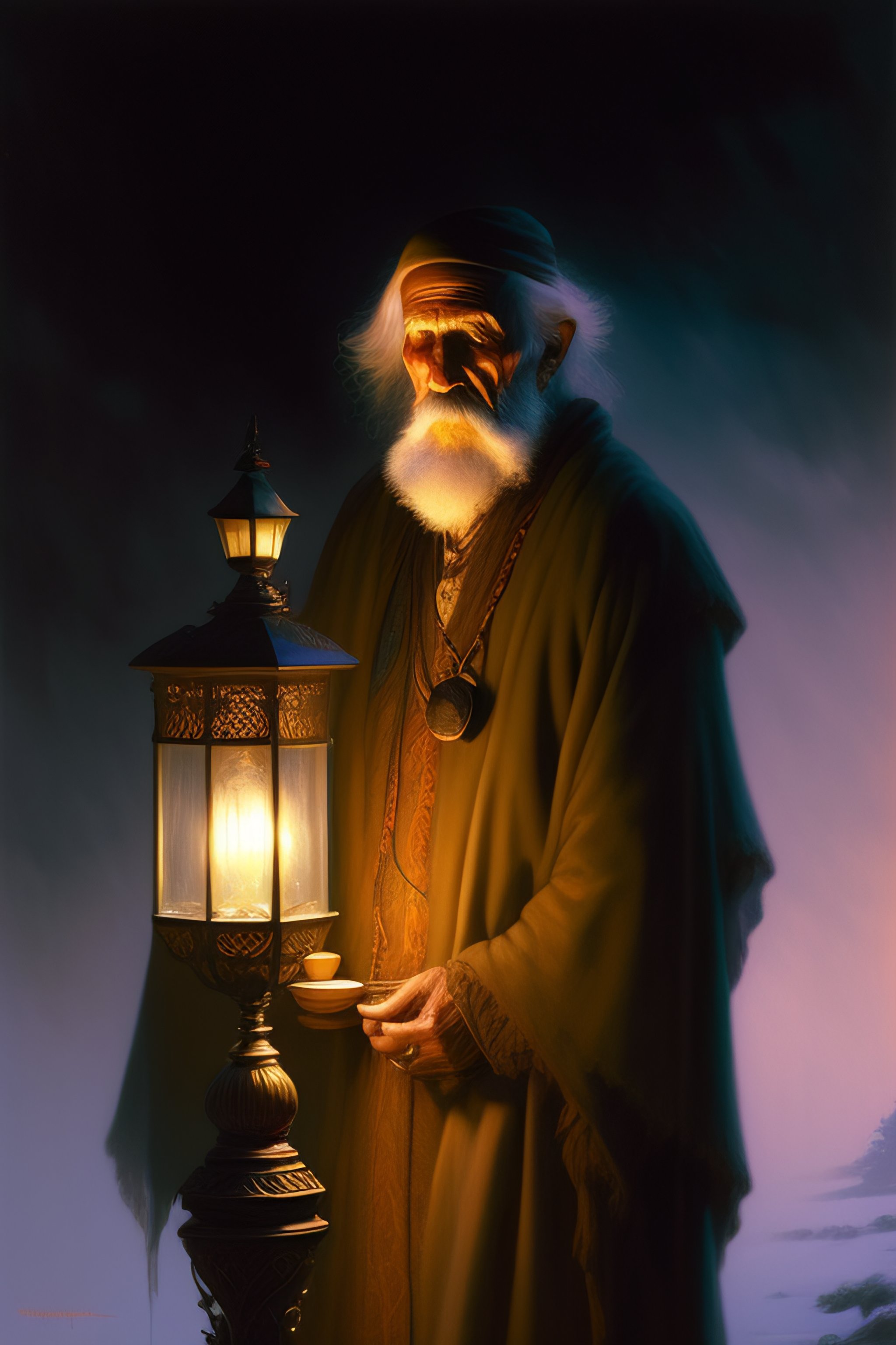 Lexica - An old decayed hermit holding a lamp in the dark foggy night ...