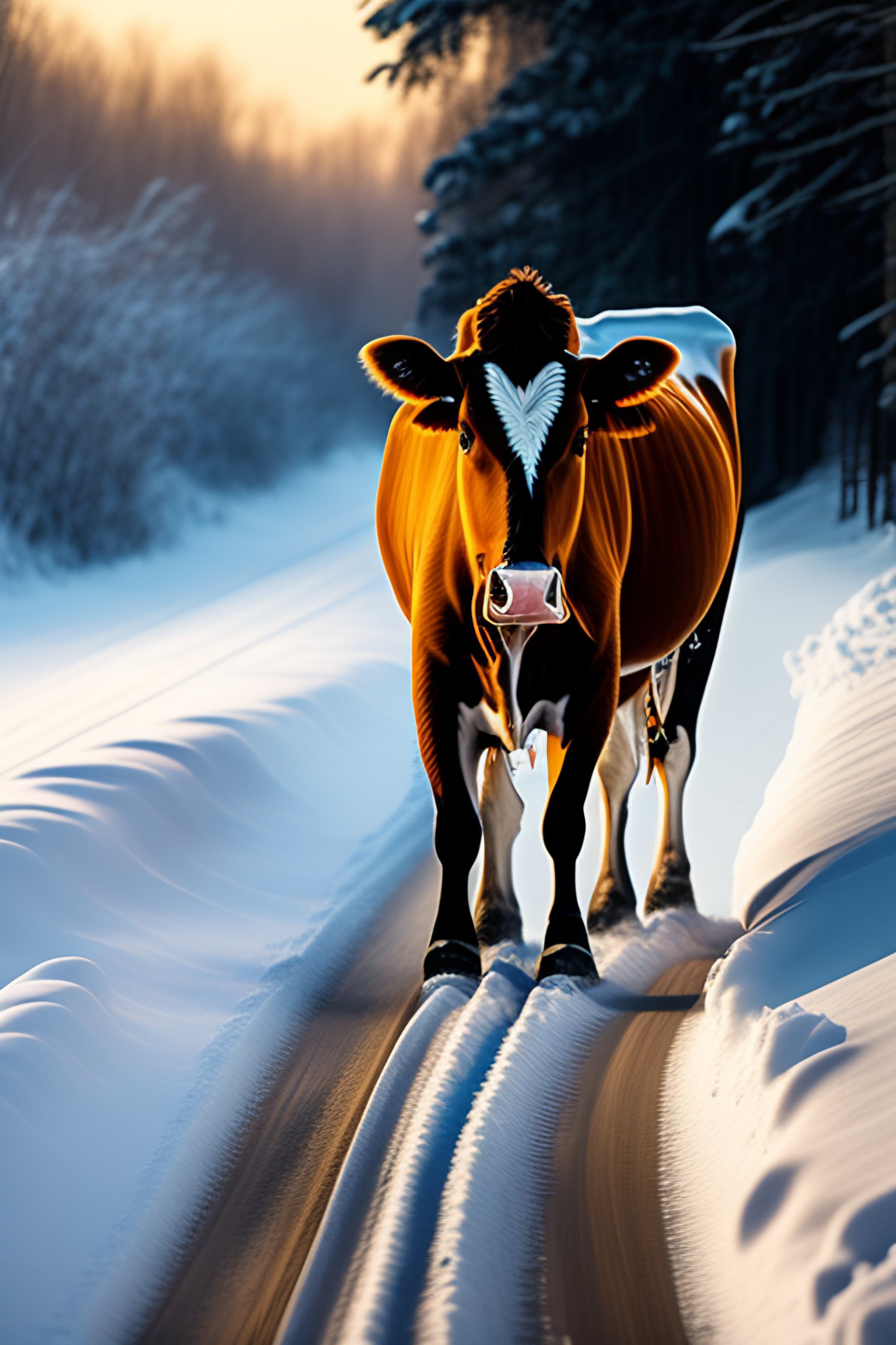 Lexica - Cow pushing a plow shovel across a snowed-in driveway