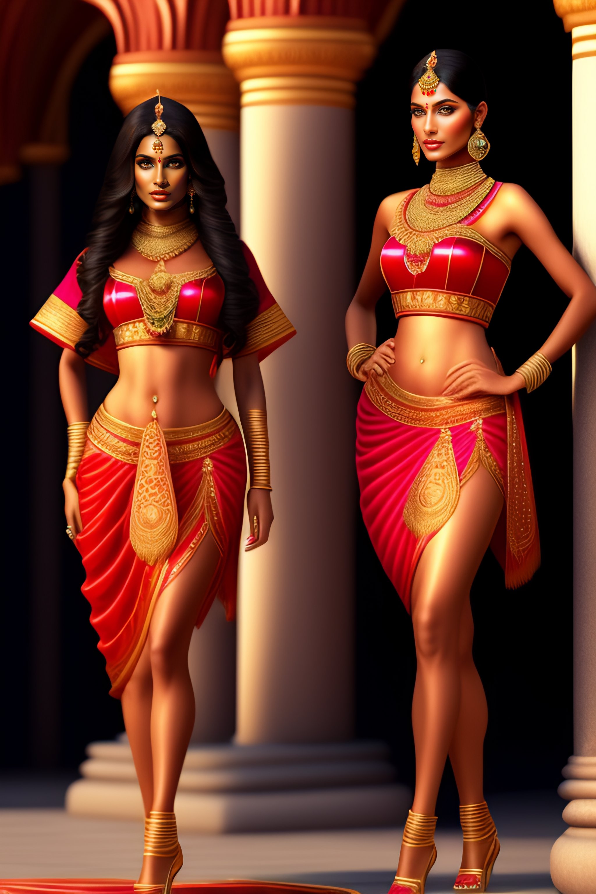 Lexica - Beautiful indian princesses standing in the palace courtyard with thin veiled clothing ...