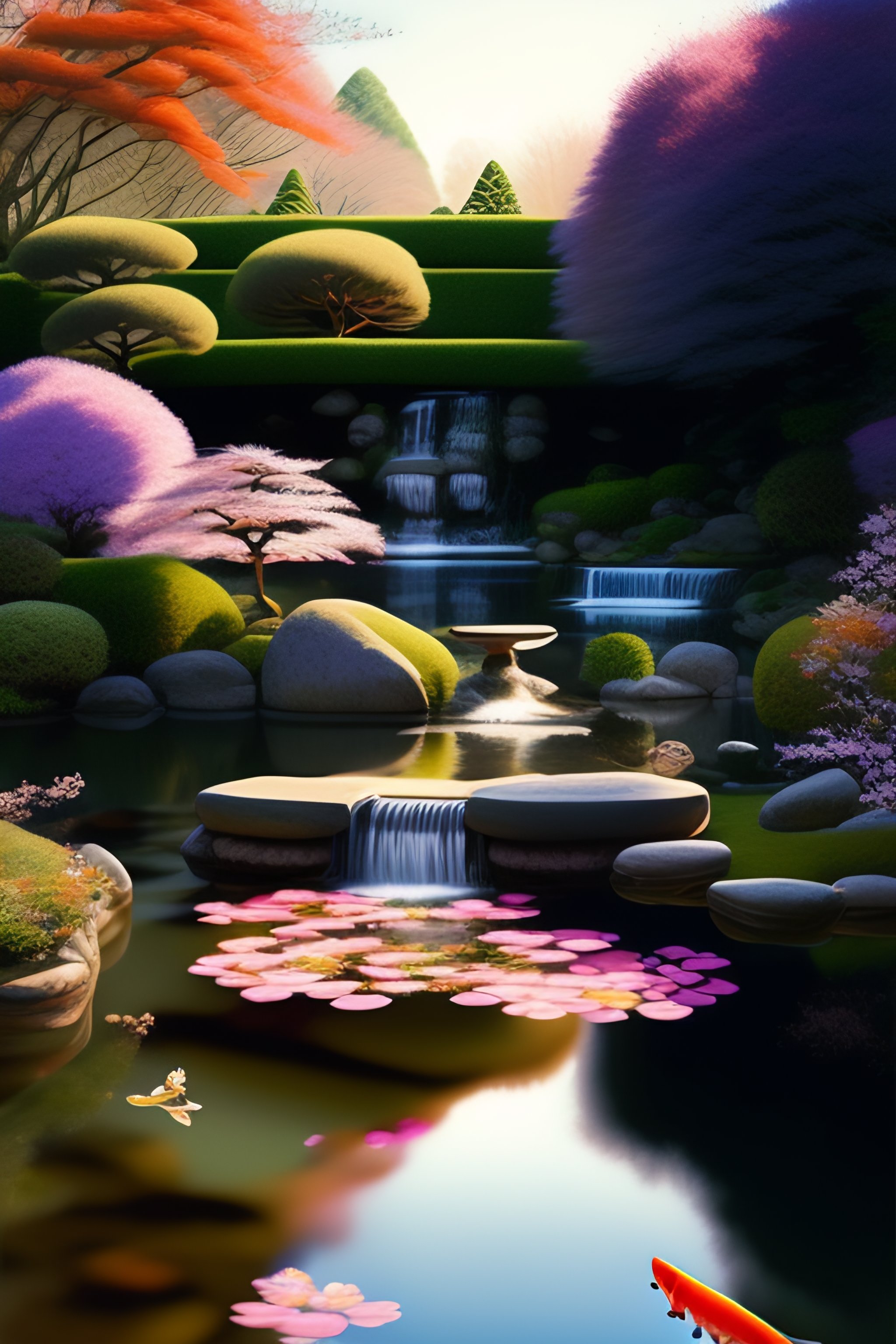 Lexica - Japanese garden with cherry blossom trees, koi fish pond, by ...