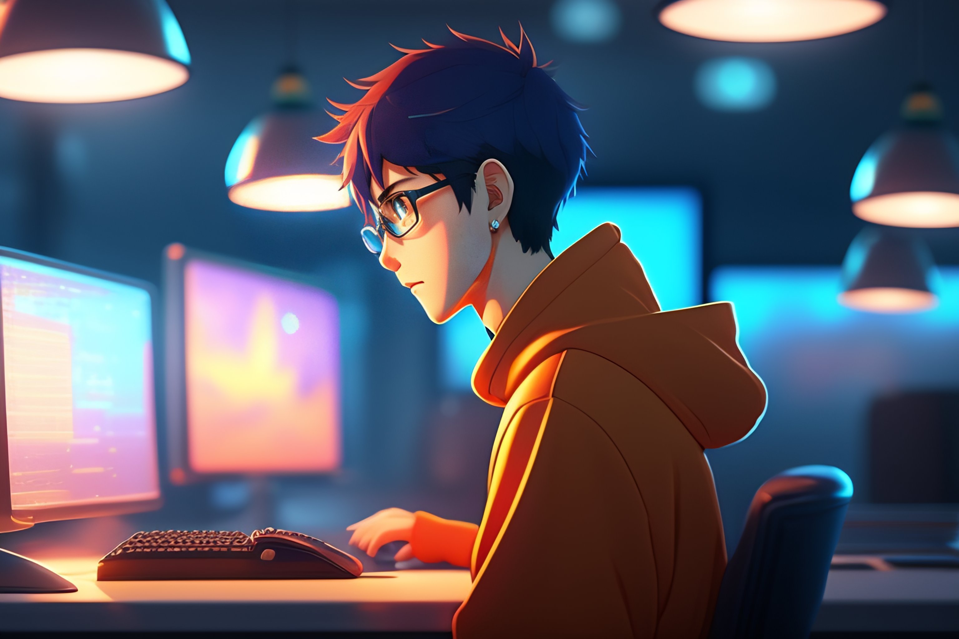 Lexica - A nerdy boy in a hoodie is programming at a computer in a room ...