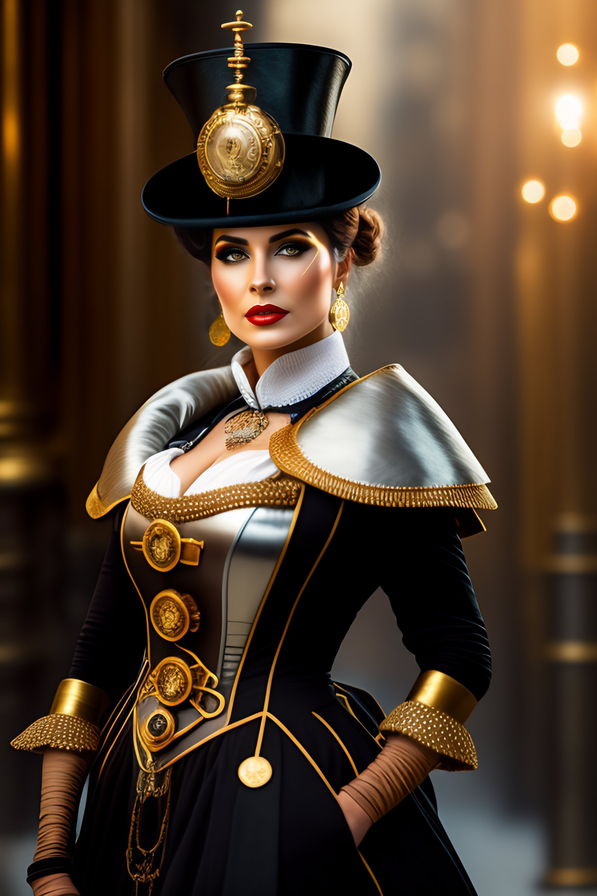 Lexica - A woman wearing clockwork steampunk outfit and tophat, gears ...