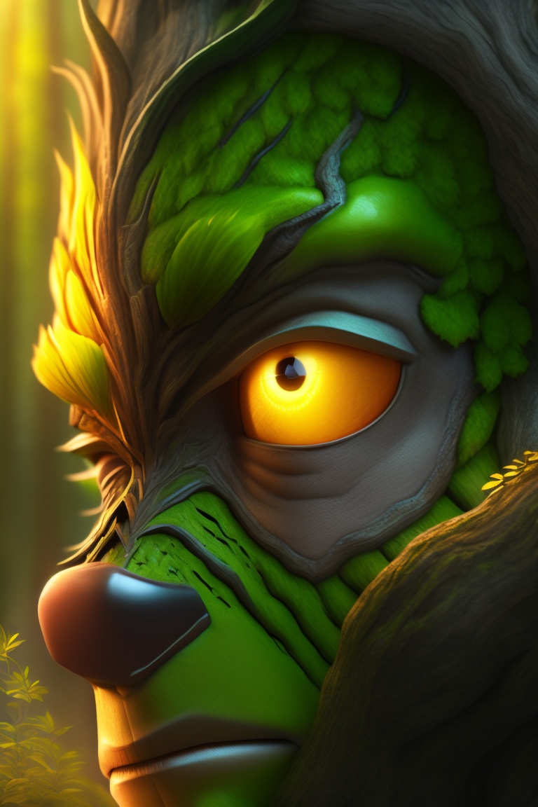 Lexica - Half face Groot, half face Swamp Thing, cute, tree, contrast
