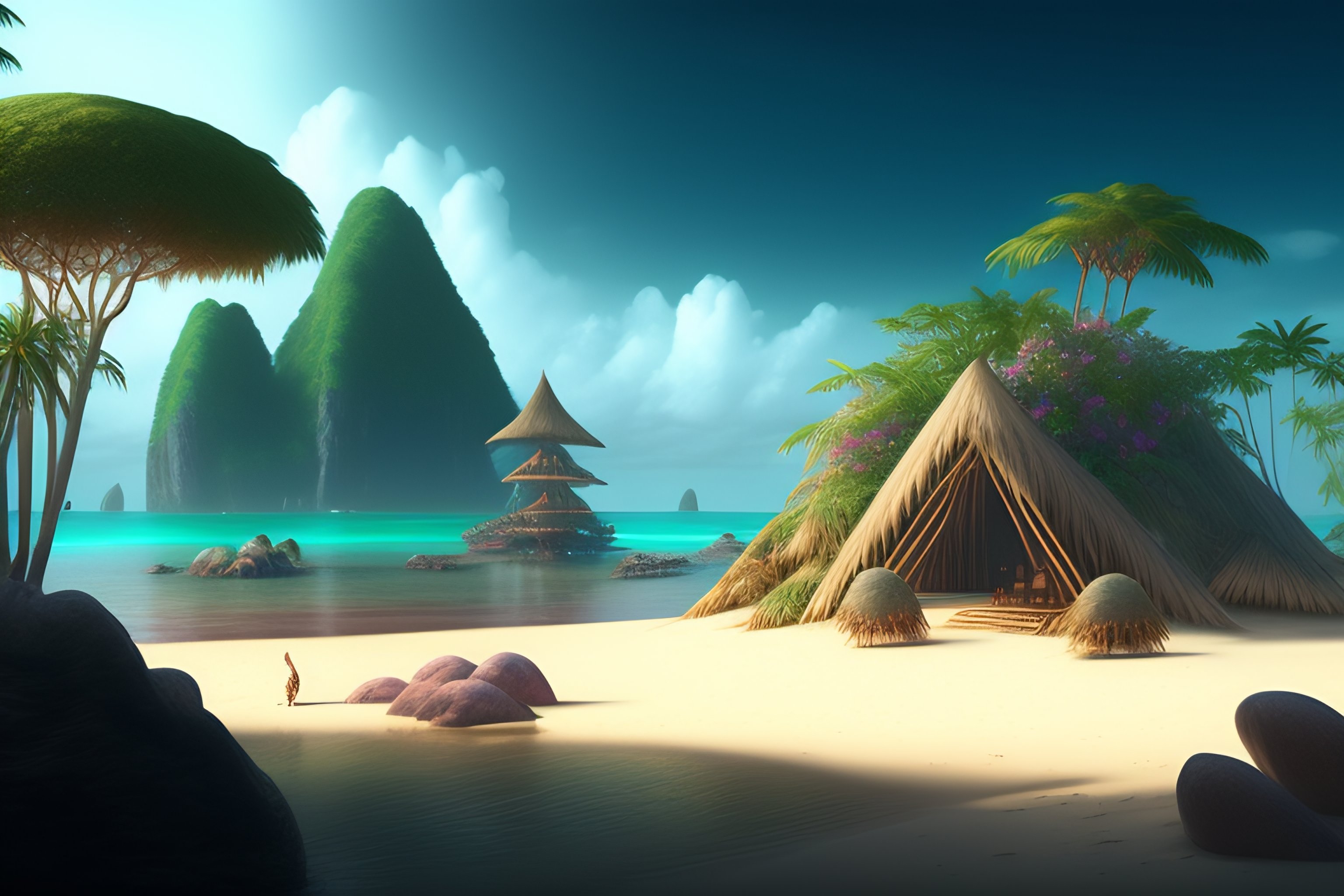 Lexica - Giant elven amerindian hut bamboo on tropical island beach ...