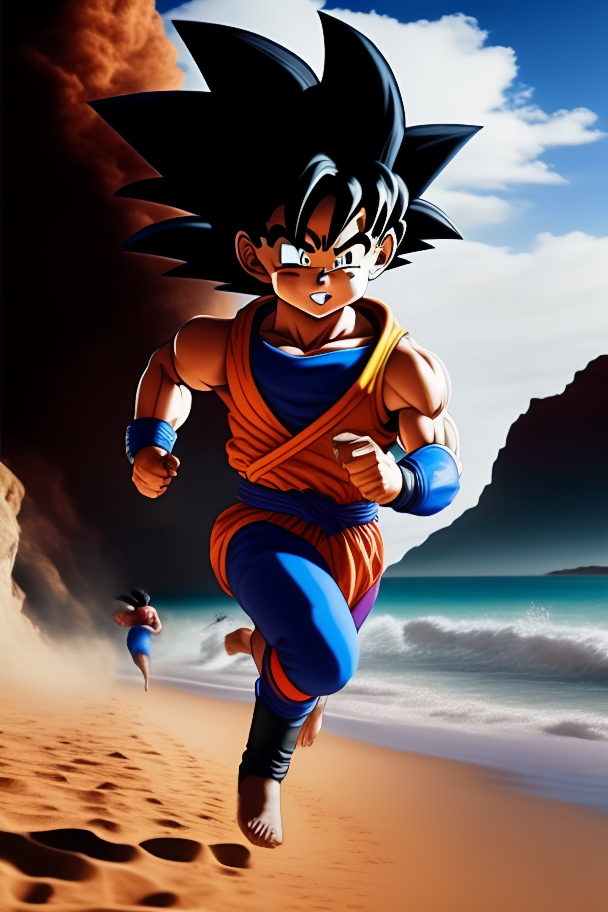 Lexica - Goku corriendo por la playa al estilo oscuro realista