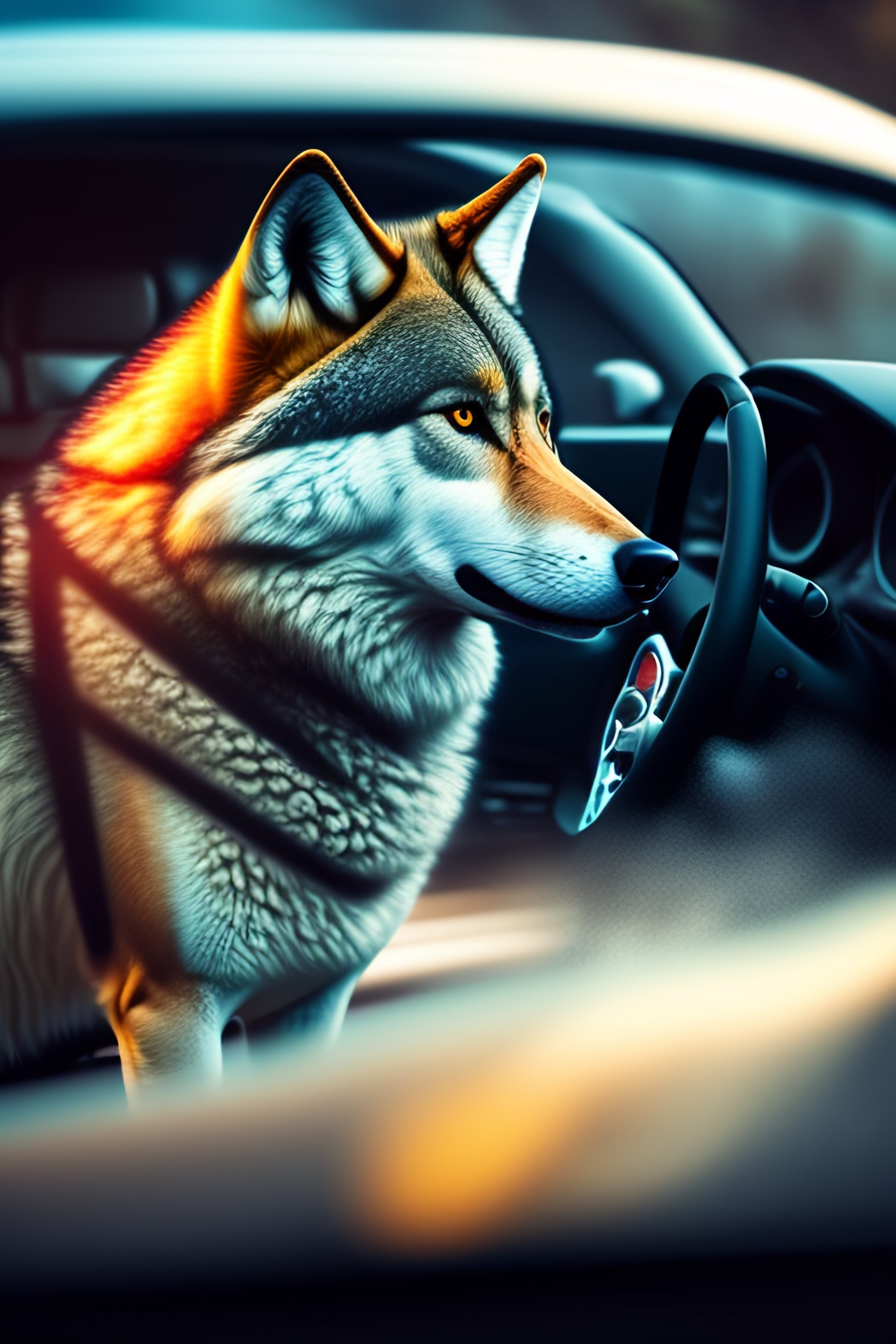 Lexica - An antropomorphic wolf driving inside a car,
