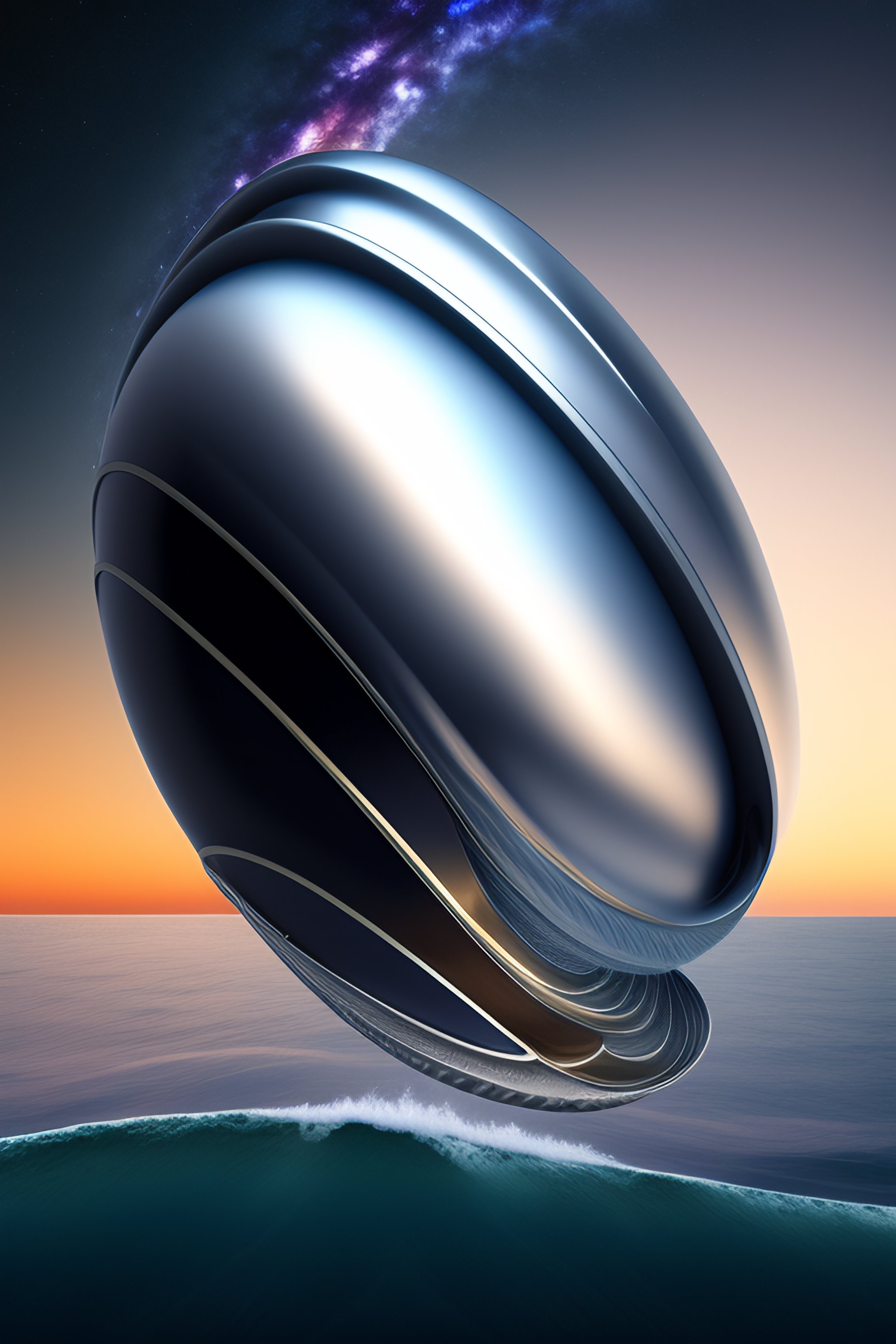 Lexica - Silver nautilus sea shell is a spaceship, it is flying, realistic