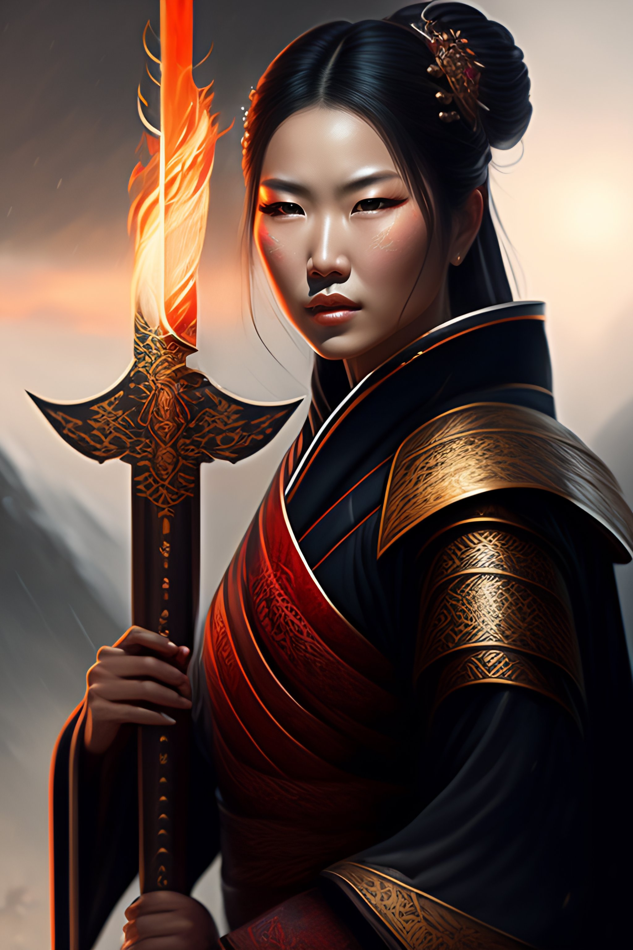 Lexica - A detailed picture of a female samurai holding a flaming ...