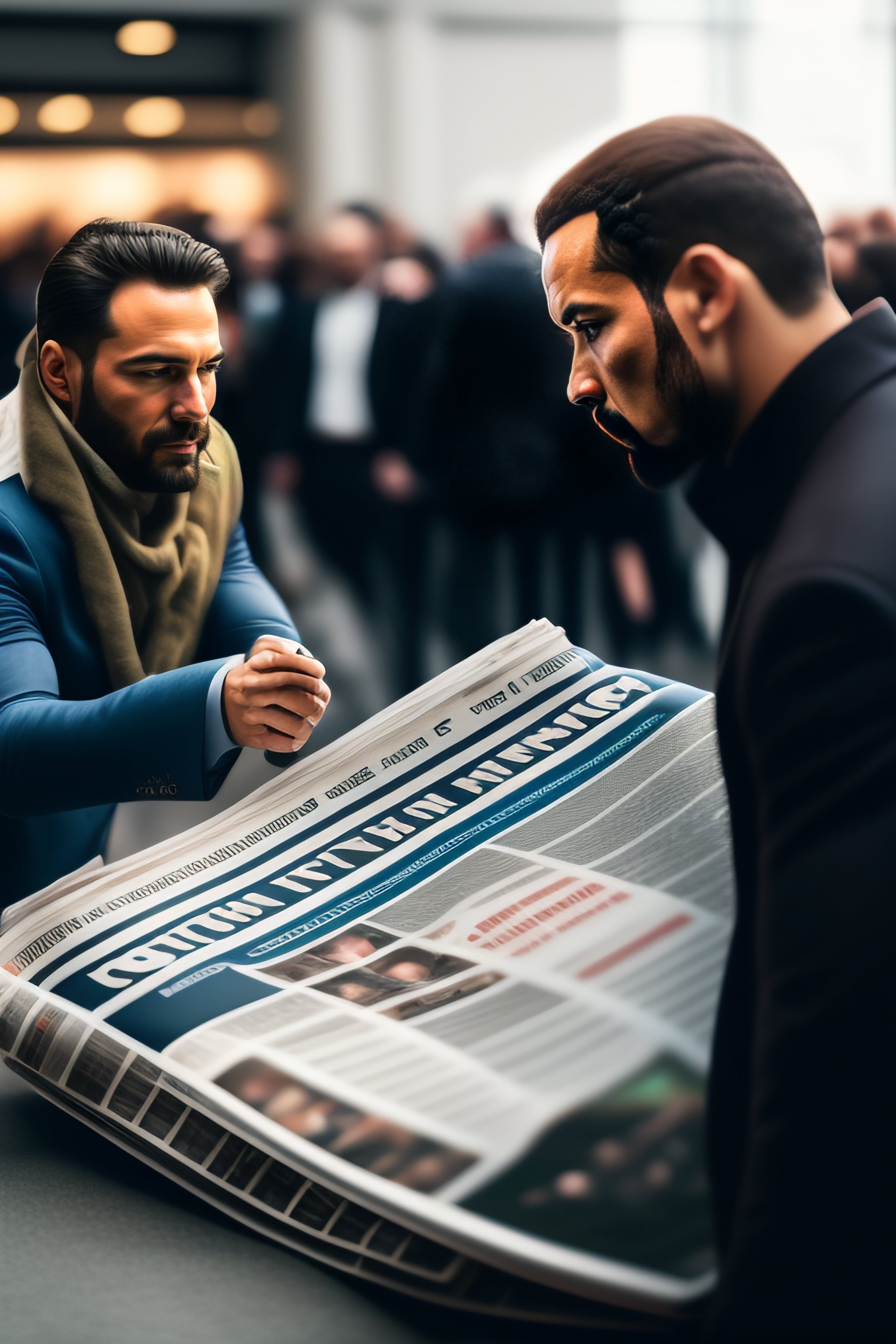 Lexica - Wide shot of two people fighting over a newspaper