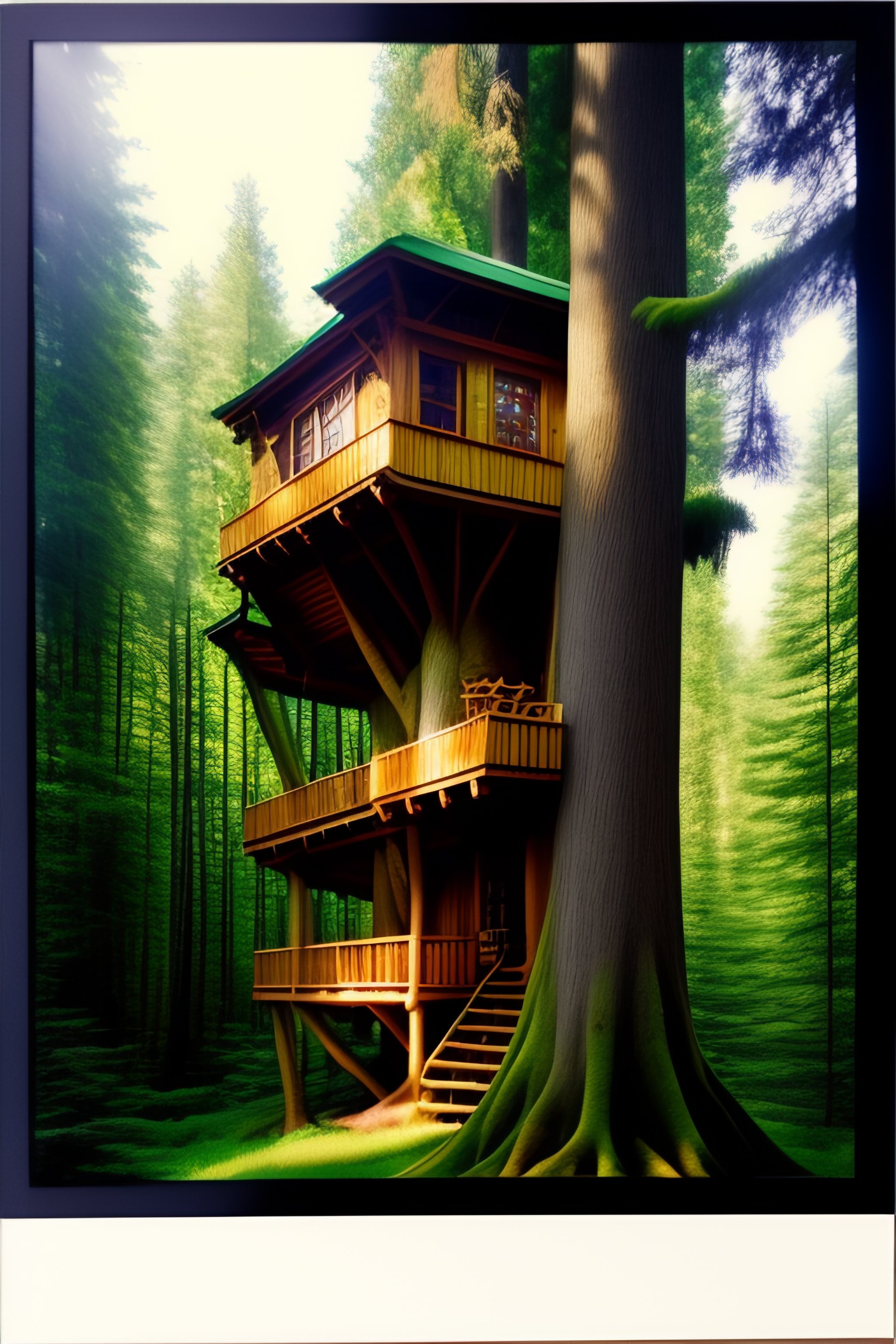 Lexica - Treehouse in lush forest, intricate woodworking, polaroid
