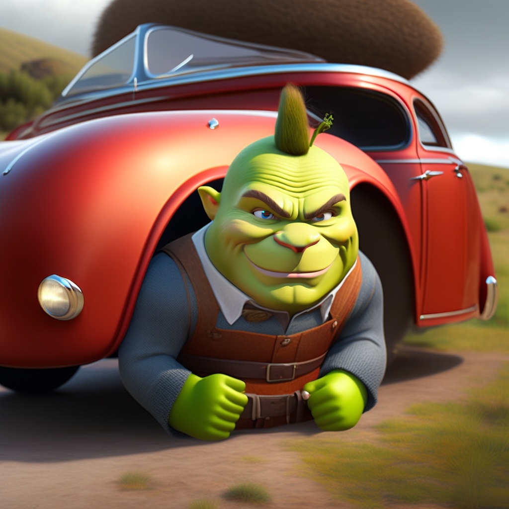 Lexica - I want the same picture of the real Shrek, and an old car behind