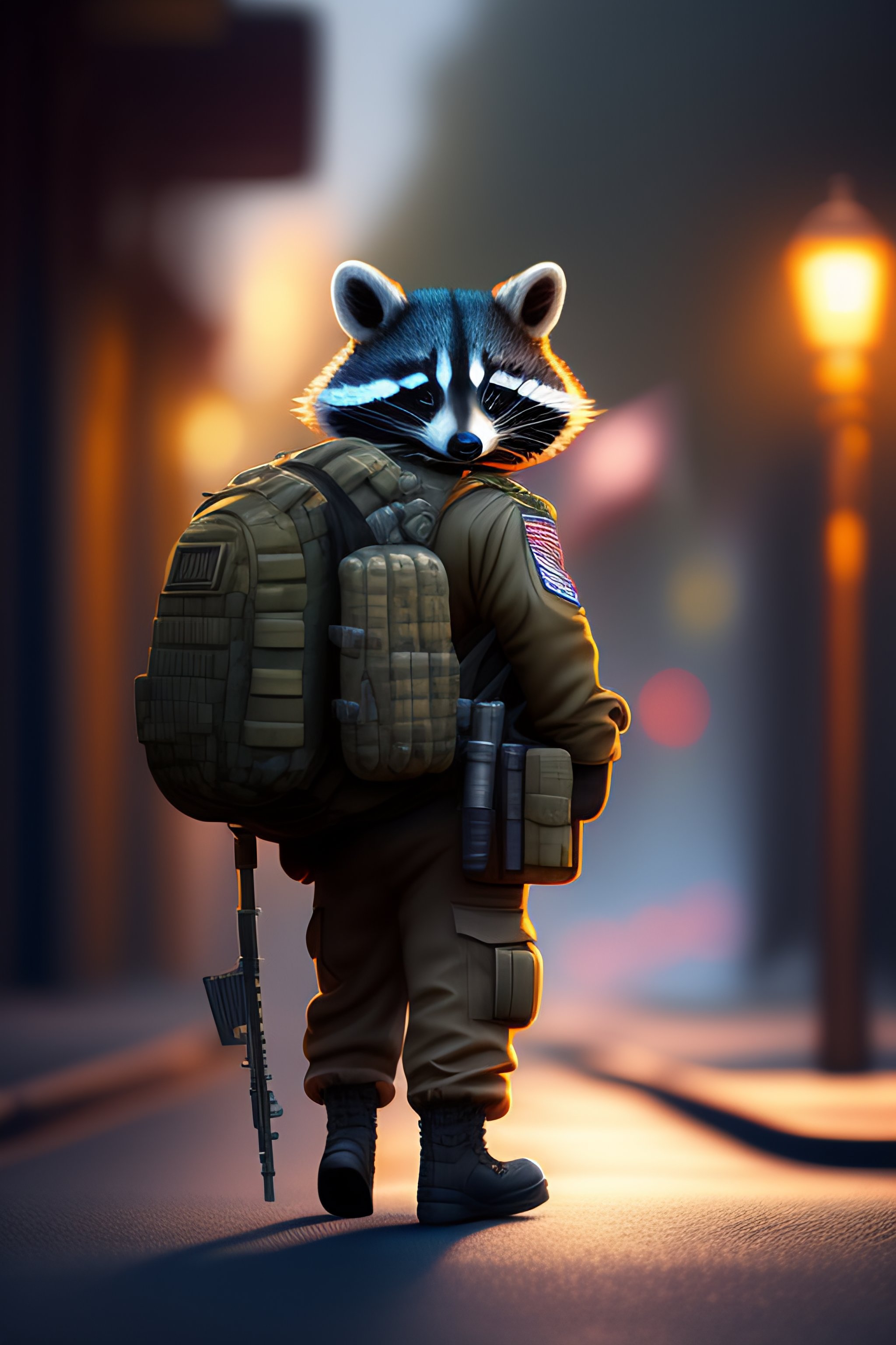 Lexica - A military raccoon with a machine gun walking with a baby by ...