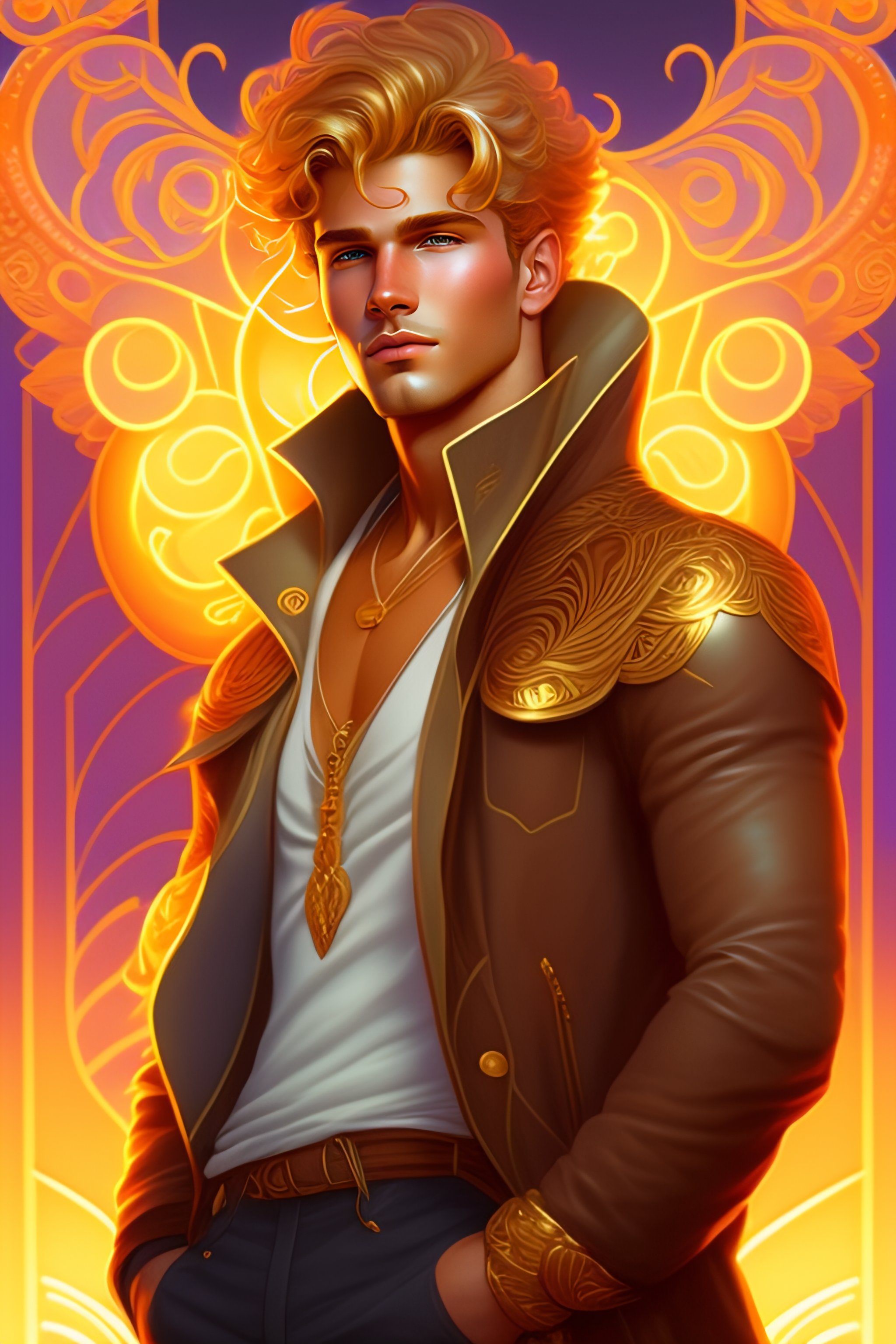 Lexica - Young man, sun demigod with golden hair, hair, jeans,, age ...