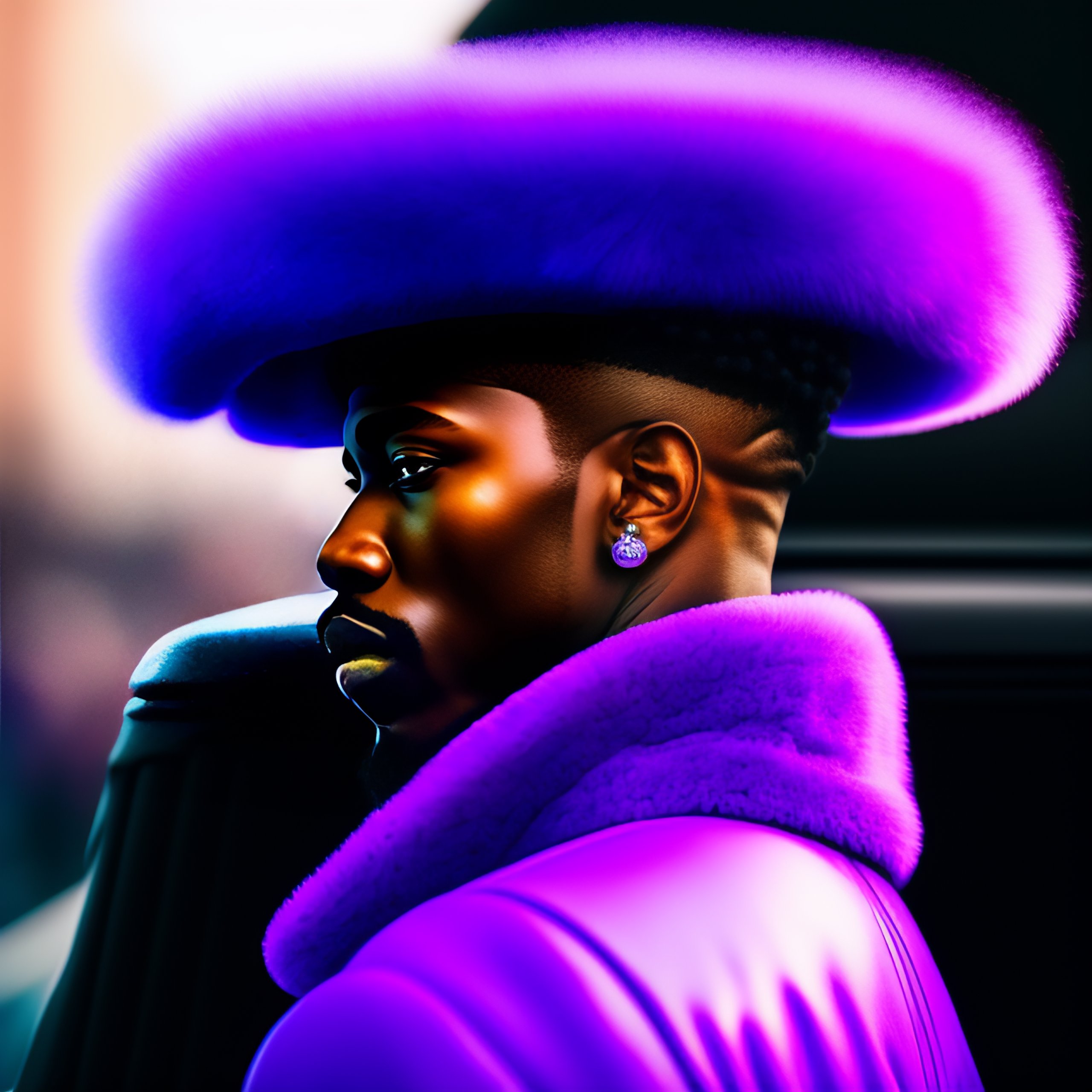 Lexica - Rapper car with a purple fur coat on, seen from behind
