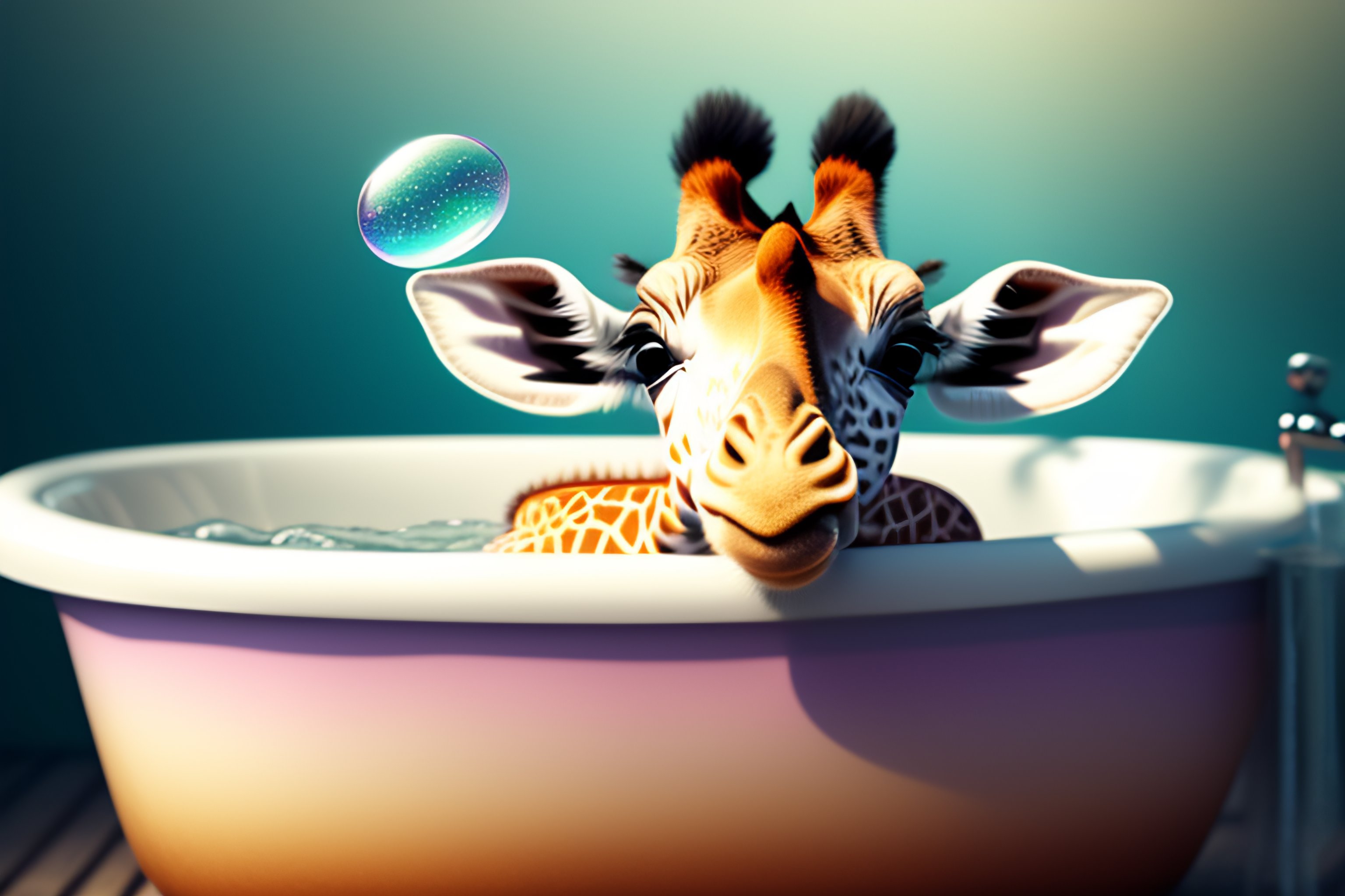 Lexica - Watercolor style cute, happy baby giraffe holding a bath brush and smiling in an old ...