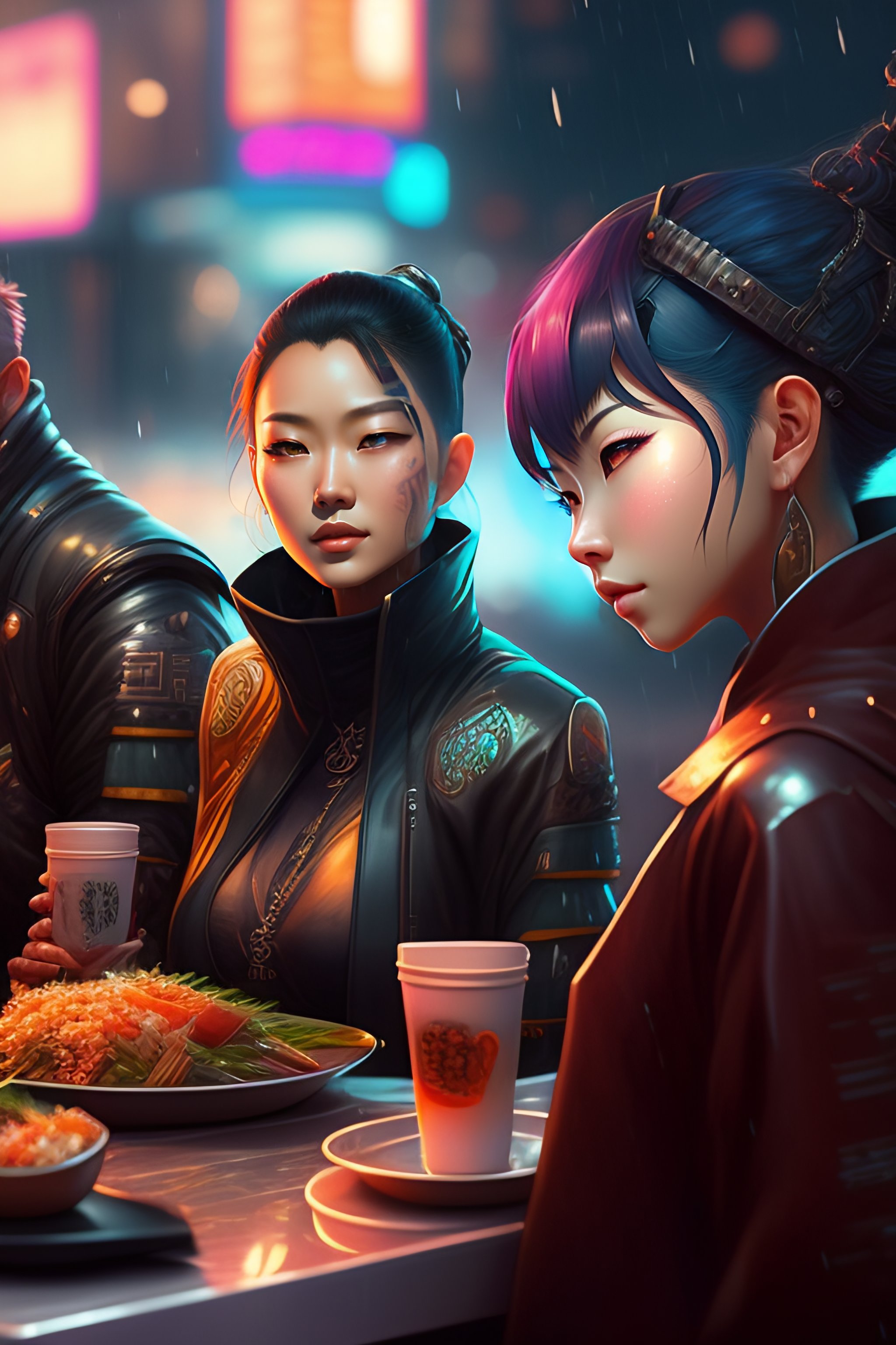 Lexica - A group of cyberpunk cyborg eating sushi on a table outside in ...