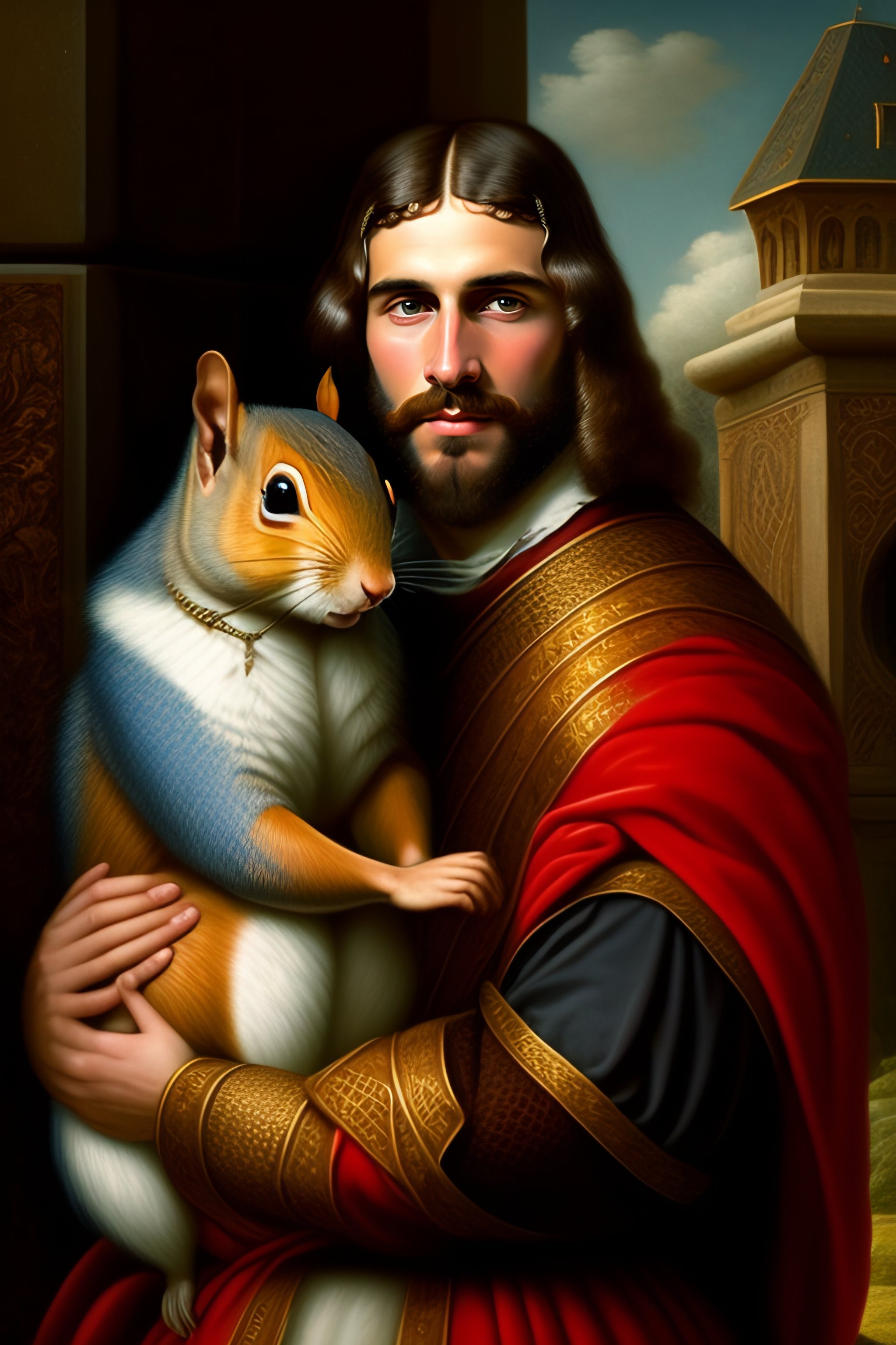 Lexica - Jacob Collins-Levy in medieval style whith squirrel in his arms