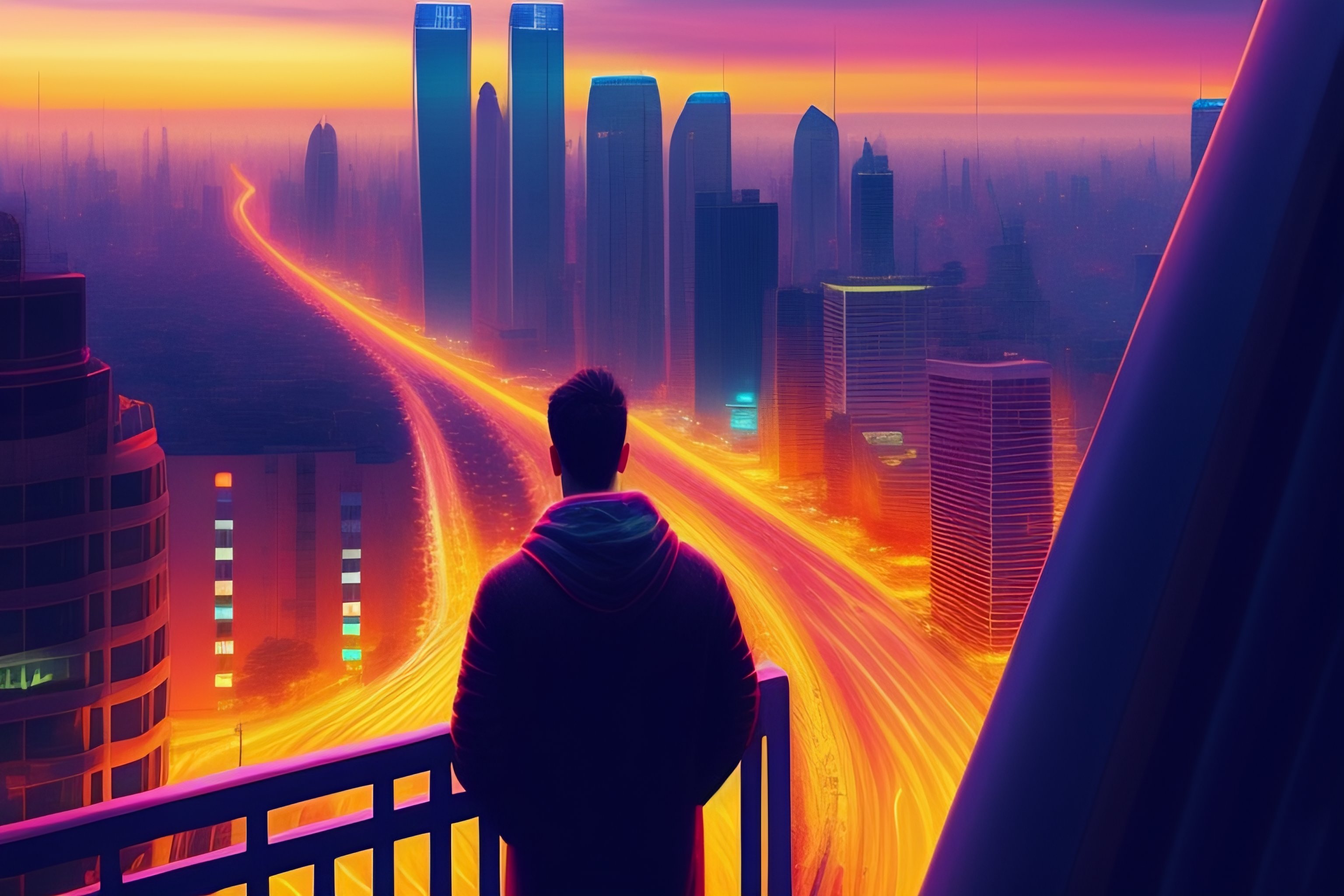 Lexica - A lonely man looking down at the city from a roof, colourful ...
