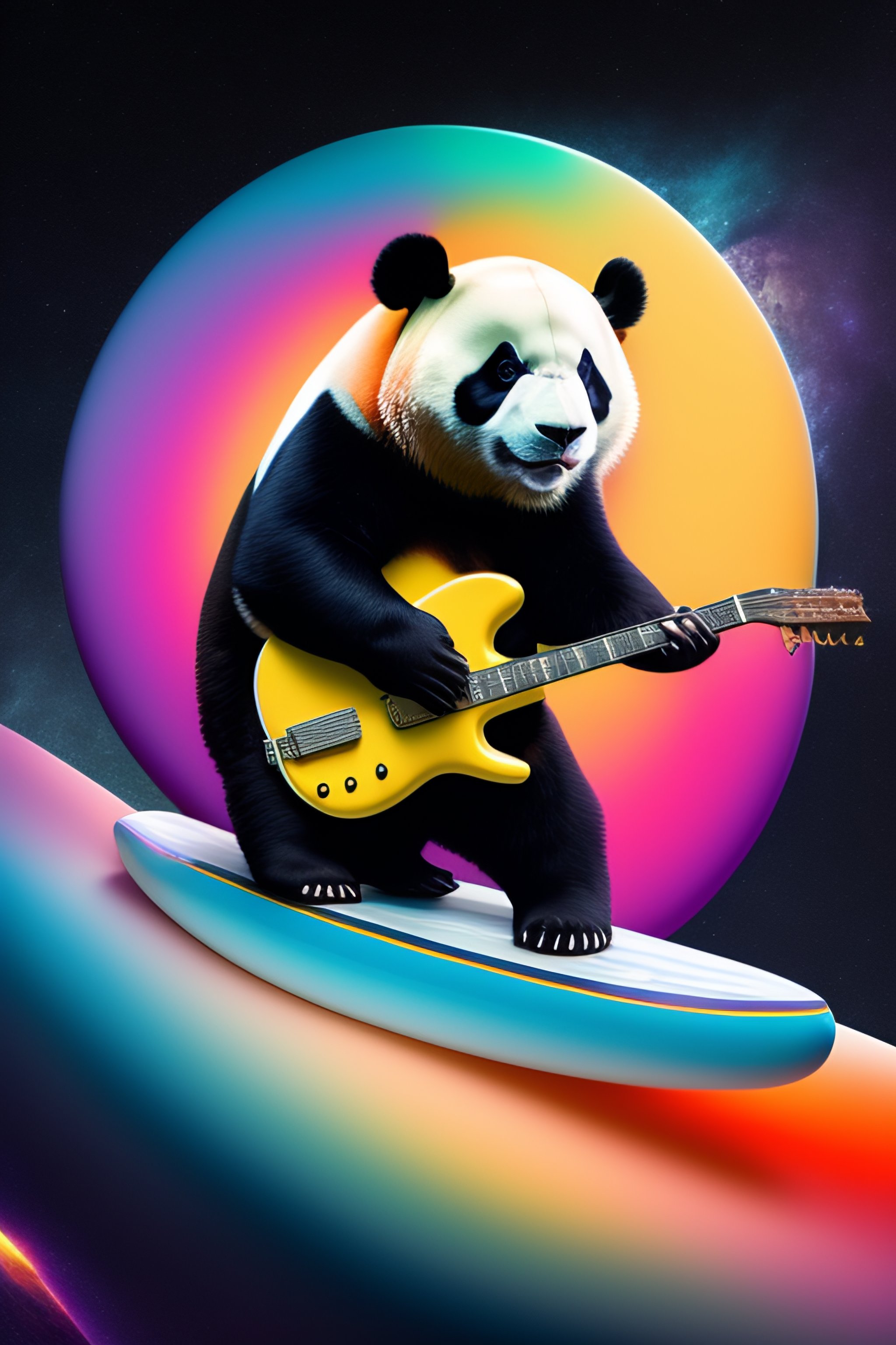 Lexica - Panda bear playing electric guitar in space on a surfboard