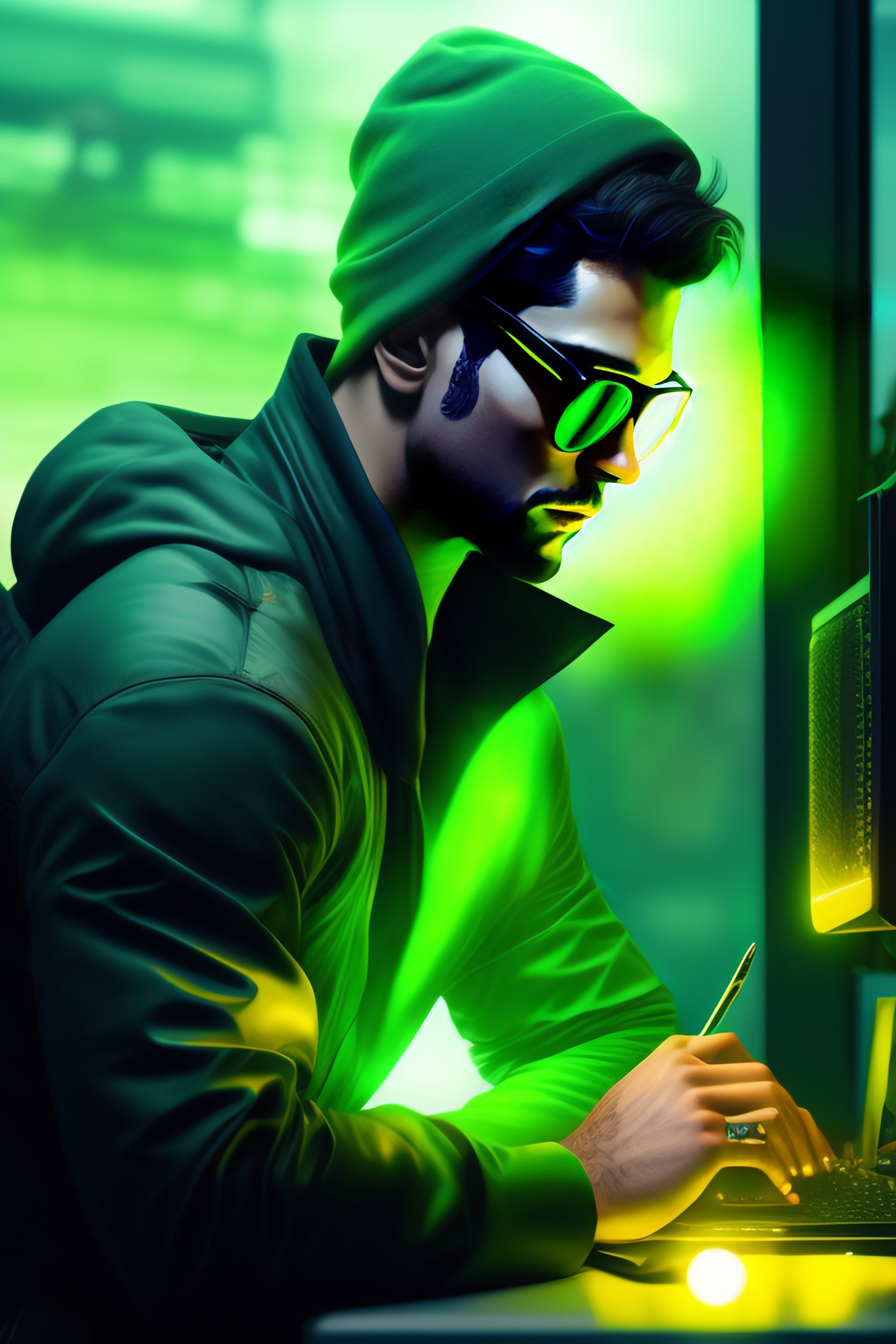 Lexica - A hacker sitting at his computer with green glare by raymond ...