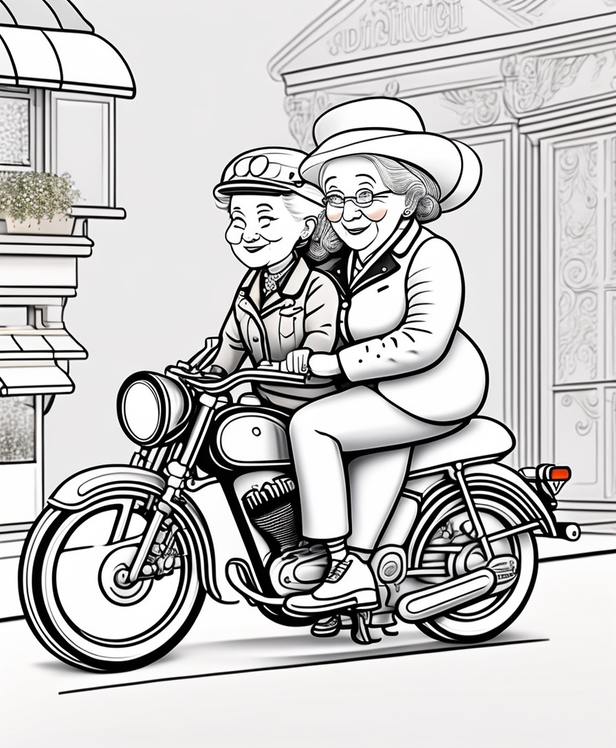 Lexica - About Funny Grandma and Grandpa on Motorbike Graphic, coloring ...