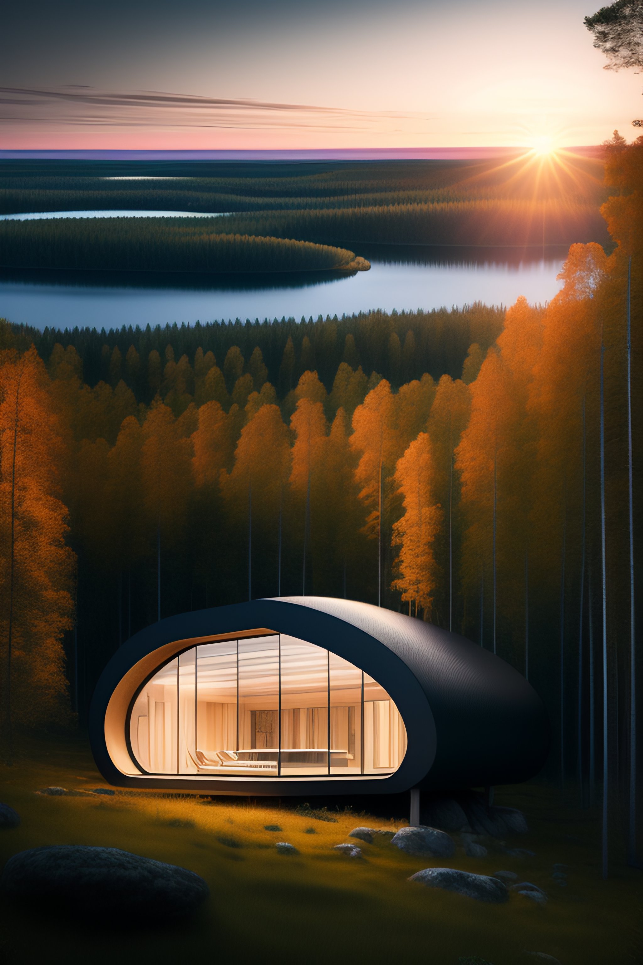 Lexica - A wide image of a full innovative 3D contemporary cabin, hyper ...