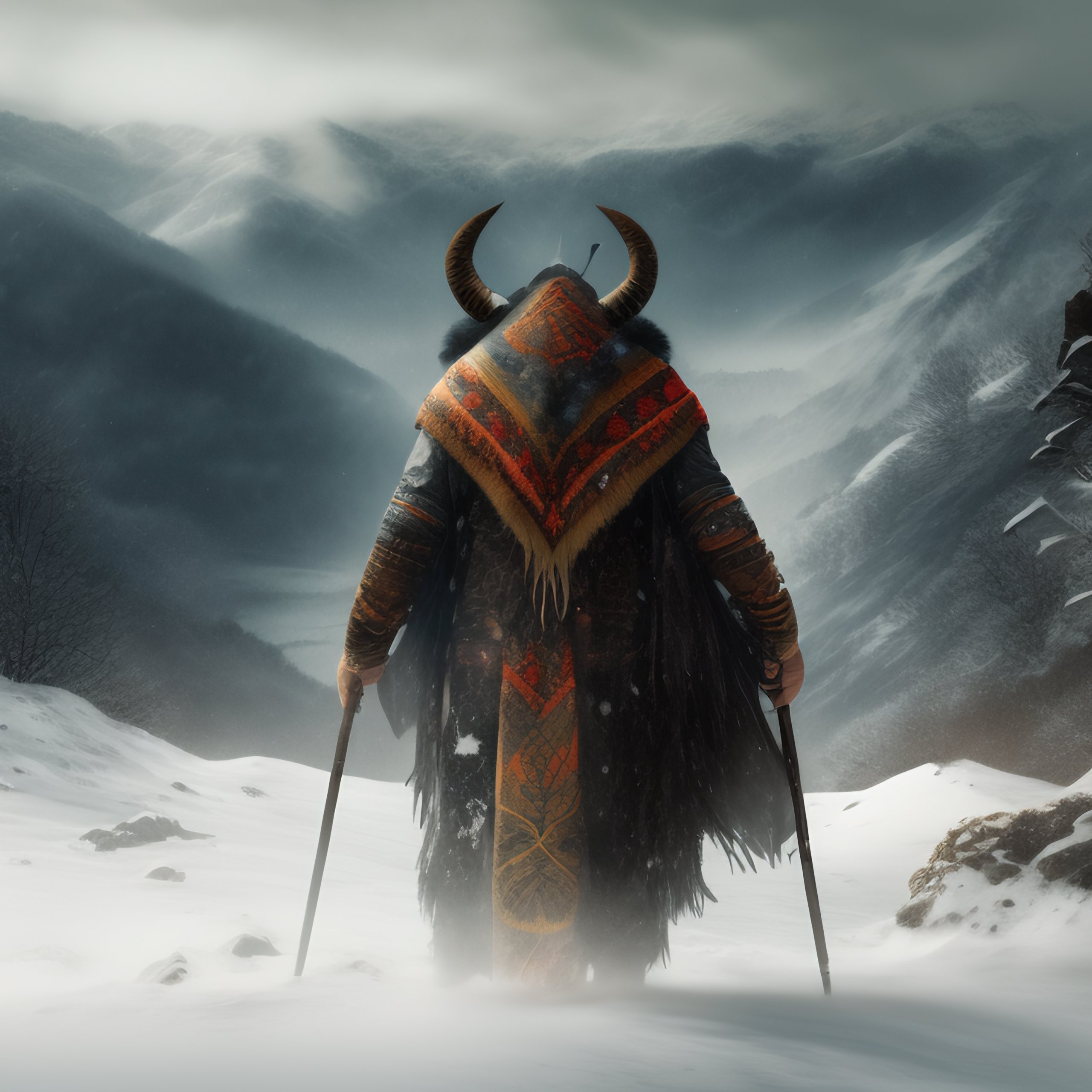 Lexica - Back view Horned Hooded tribal balkan gangster man wearing ...