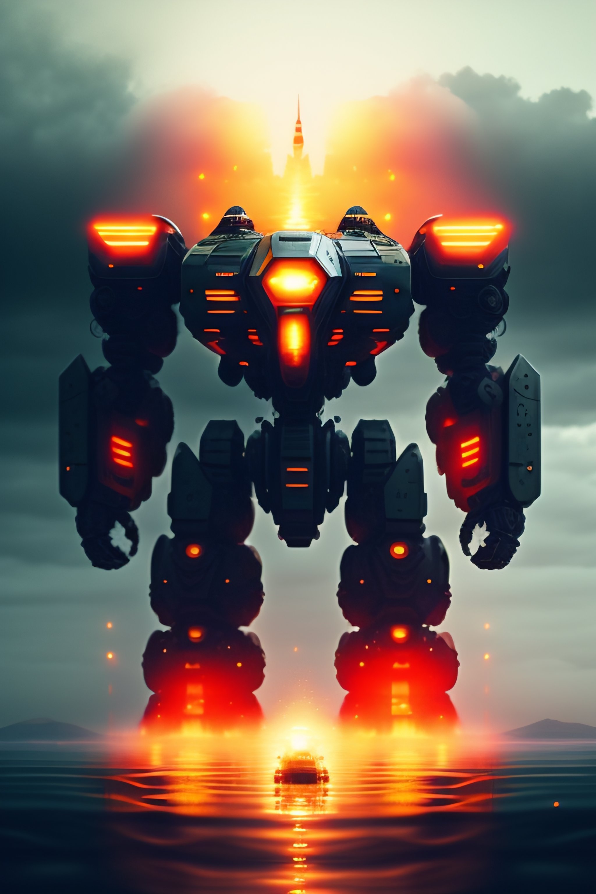 Lexica - A giant robot emerging from water. The sky is on fire
