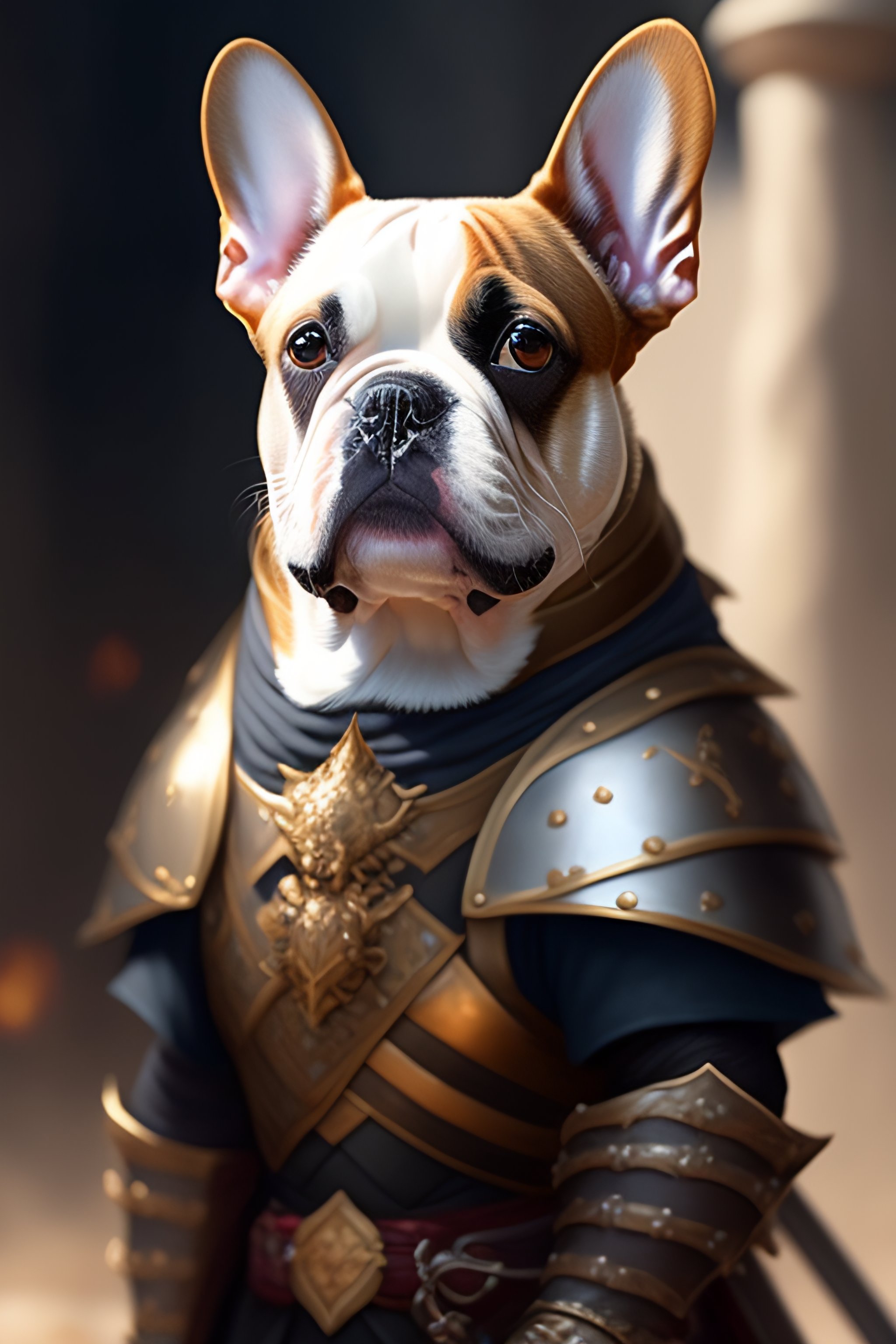Lexica - A detailed portrait of tan french bulldog in armor with ...