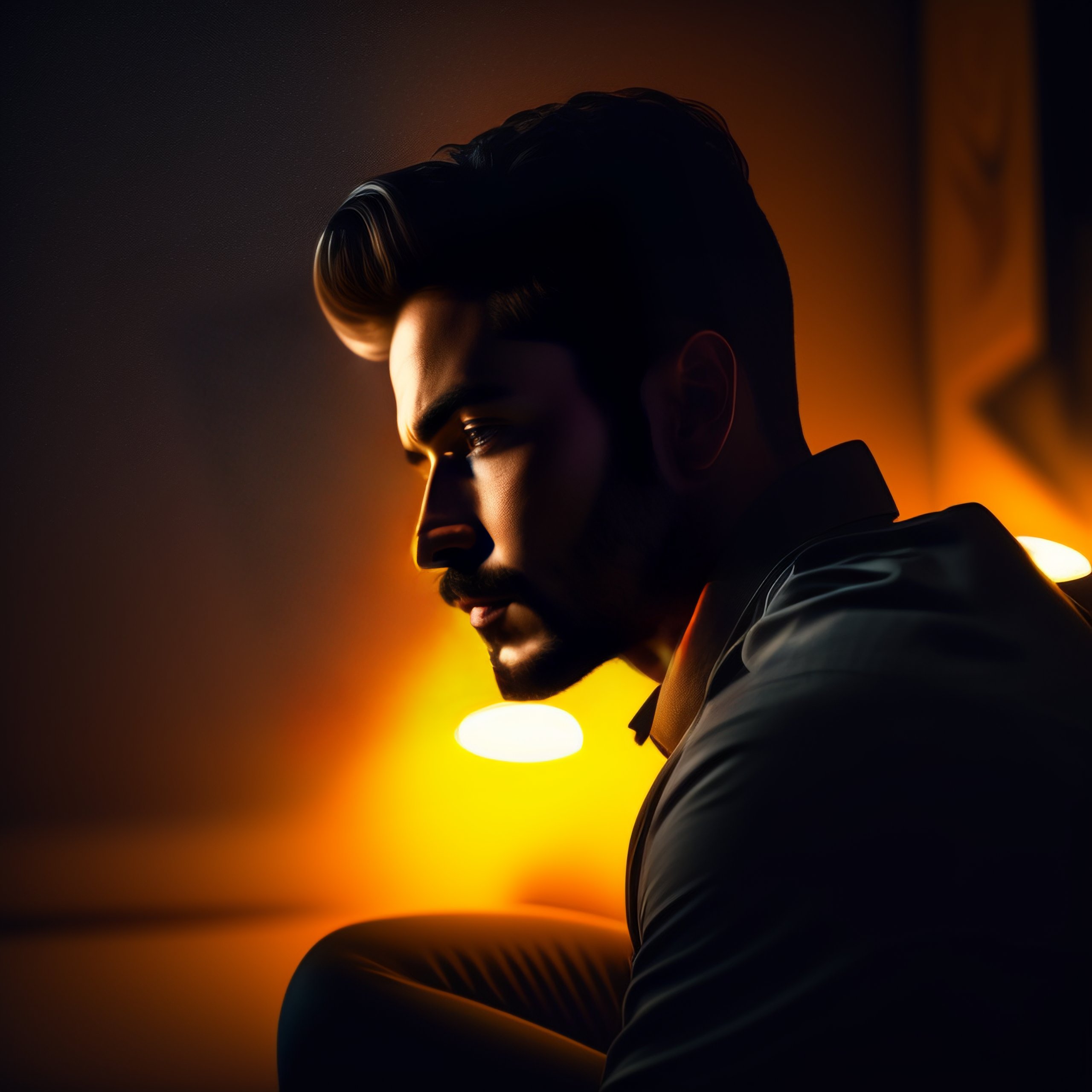 Lexica - A man sitting on a couch in a dark room with pitch-black background