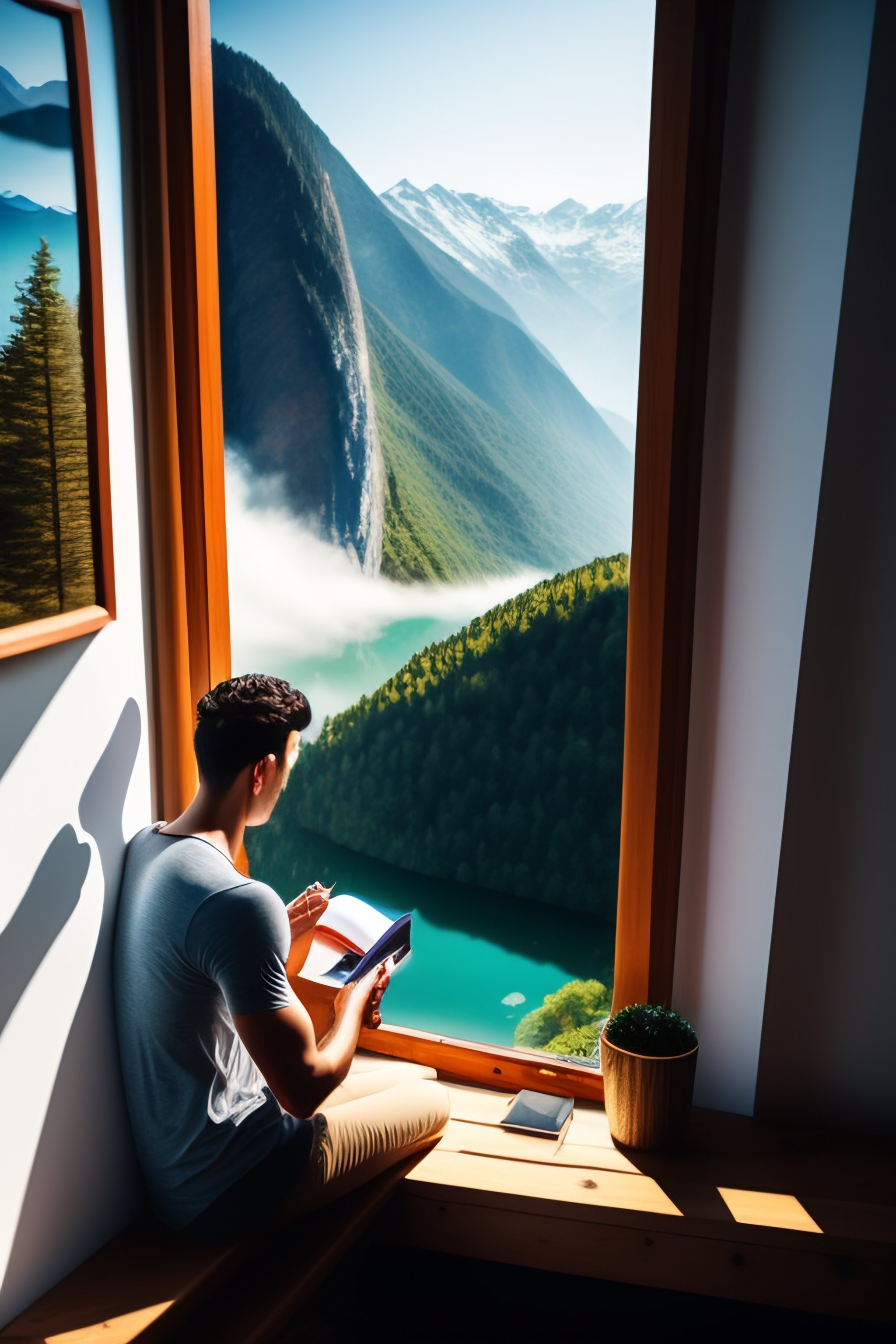 Lexica - A guy journaling in his room with a beautiful view