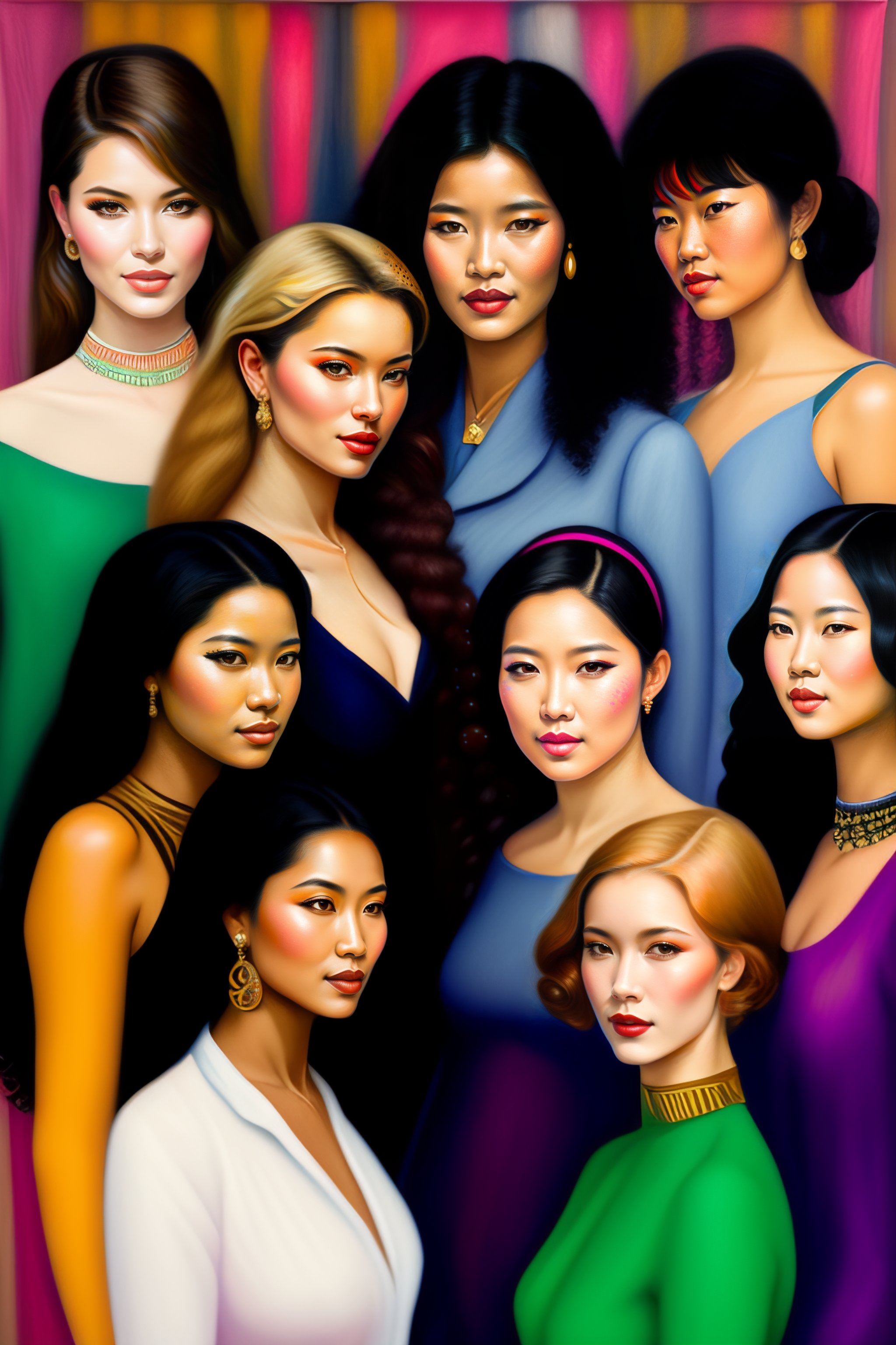 Lexica - Art hiper realists portraits of 9 females, with different body sizes, all together ...