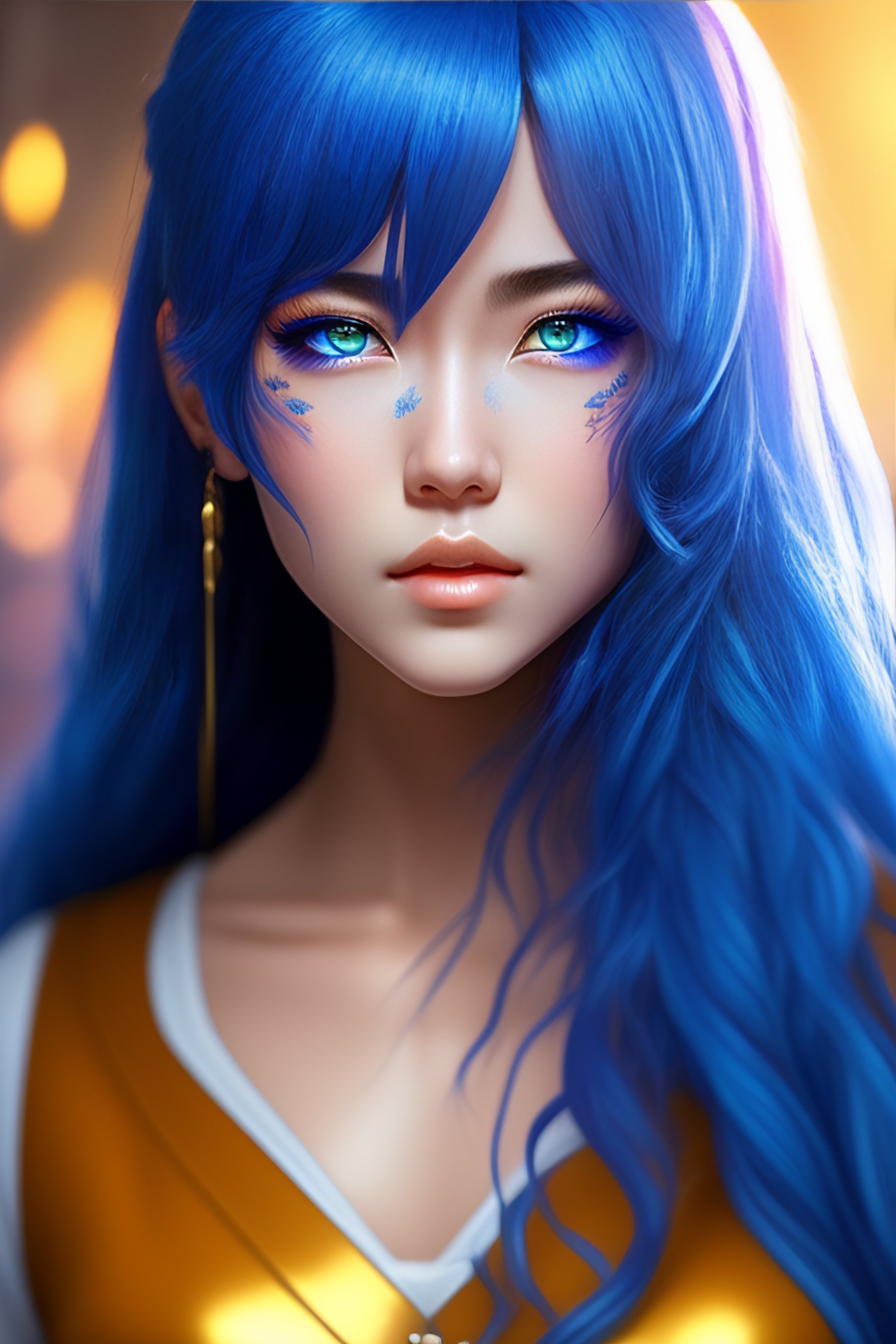 Lexica - Portrait of an anime character hyper realistic blue hair gold eyes