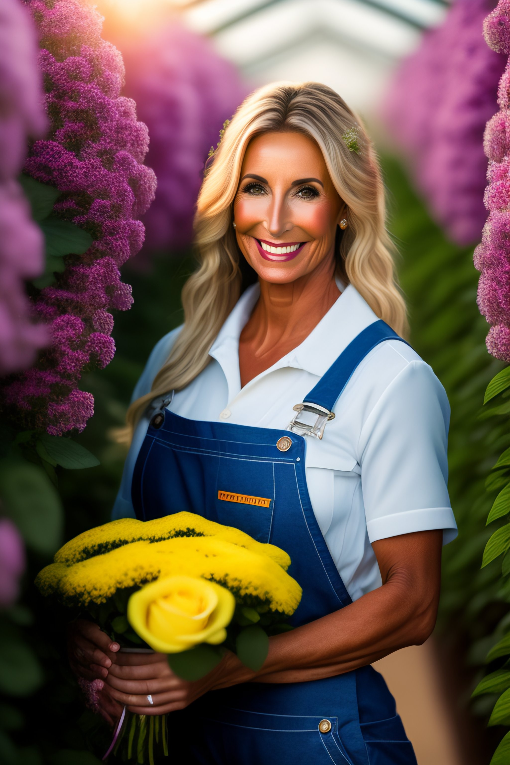 Lexica - Portrait of Heather Thomas gardener wearing overalls inside a ...