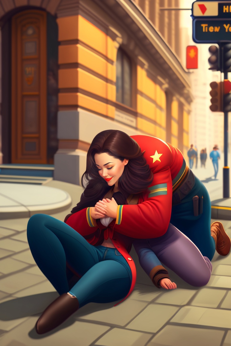 Lexica - Man rescuing woman in the middle of the street. The woman is ...