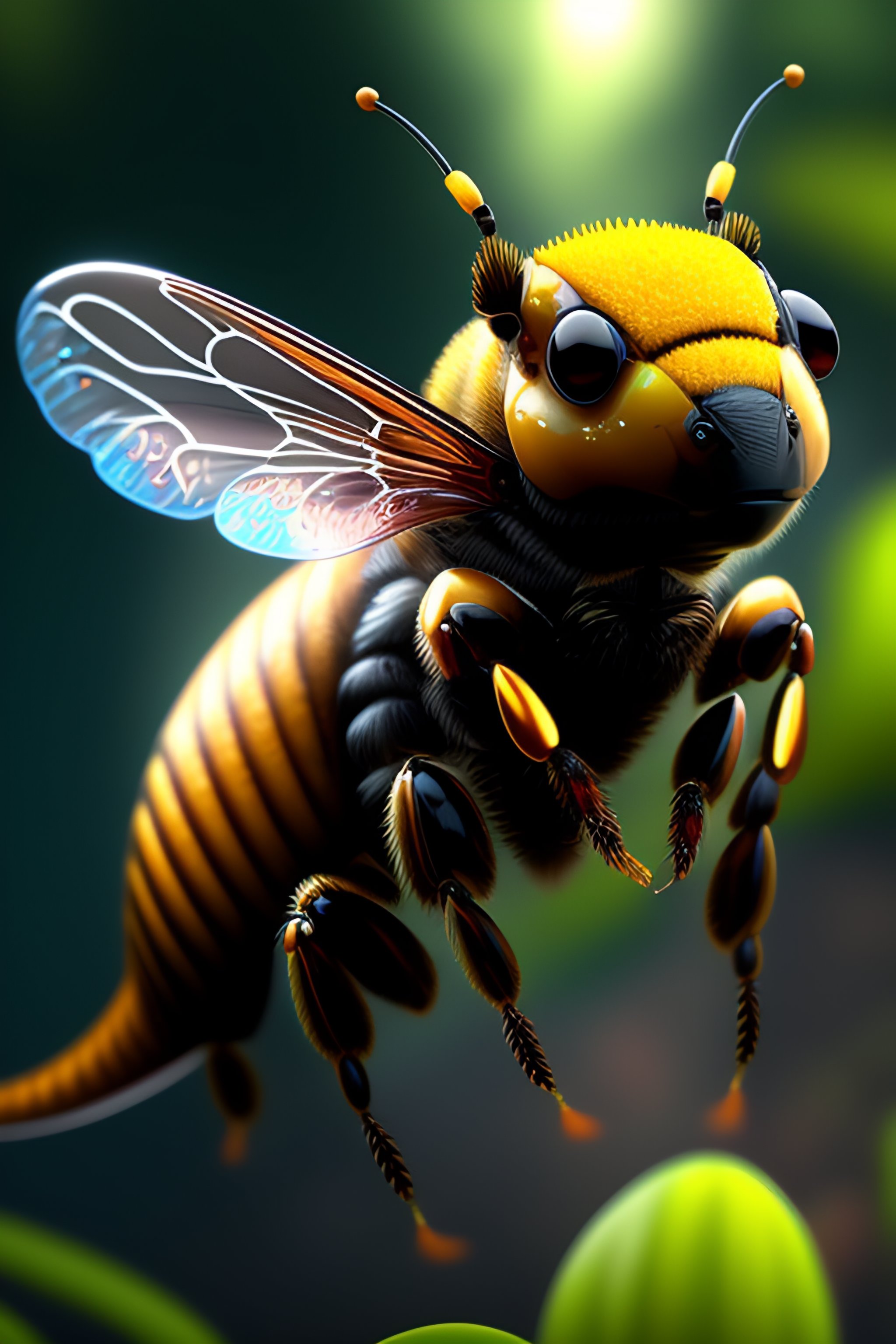 Lexica - T-rex dino bee hybrid, bee wings, terrifying, rain, unreal engine