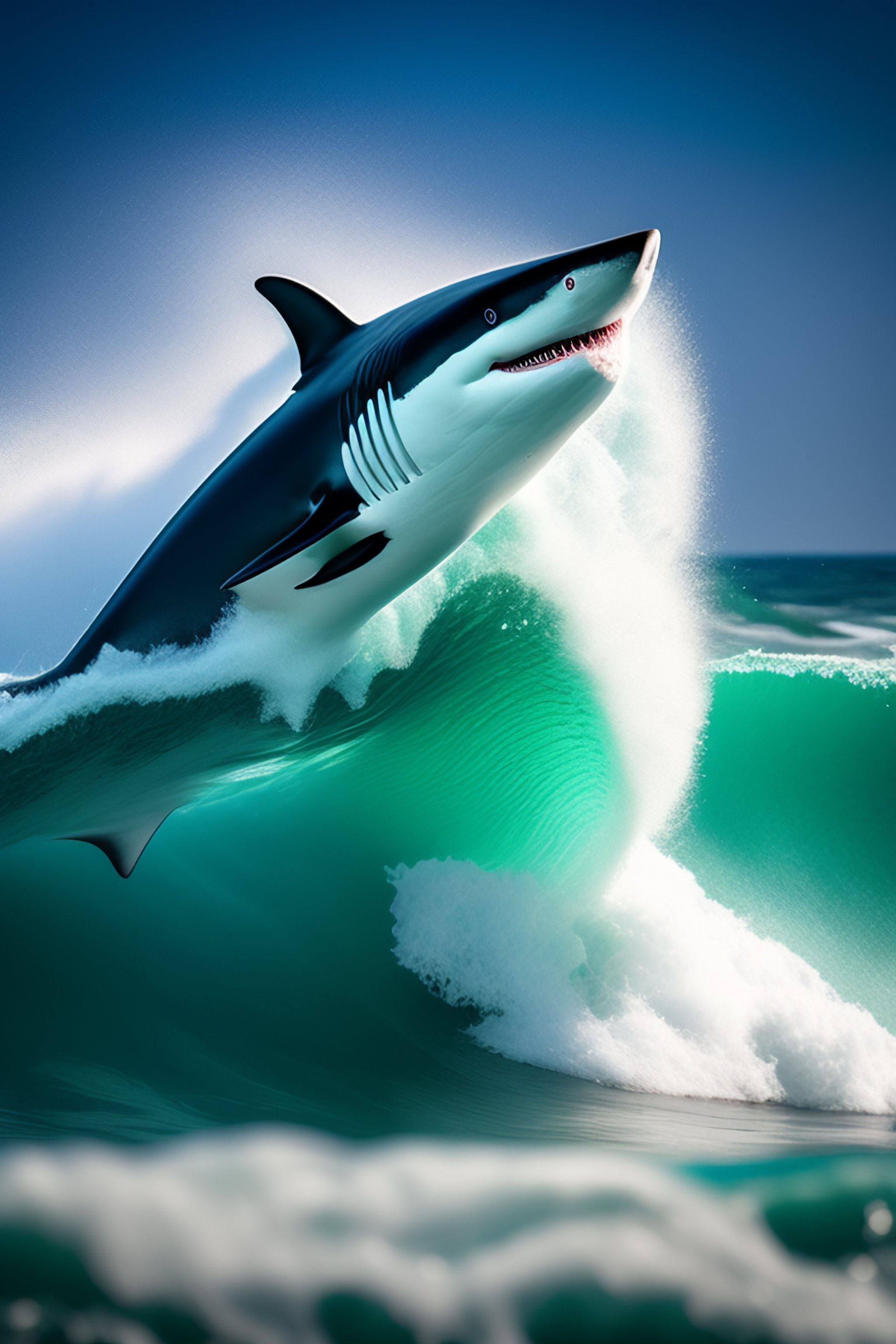 Lexica - Photo of a shark surfing on top of a surfboard. The shark is ...