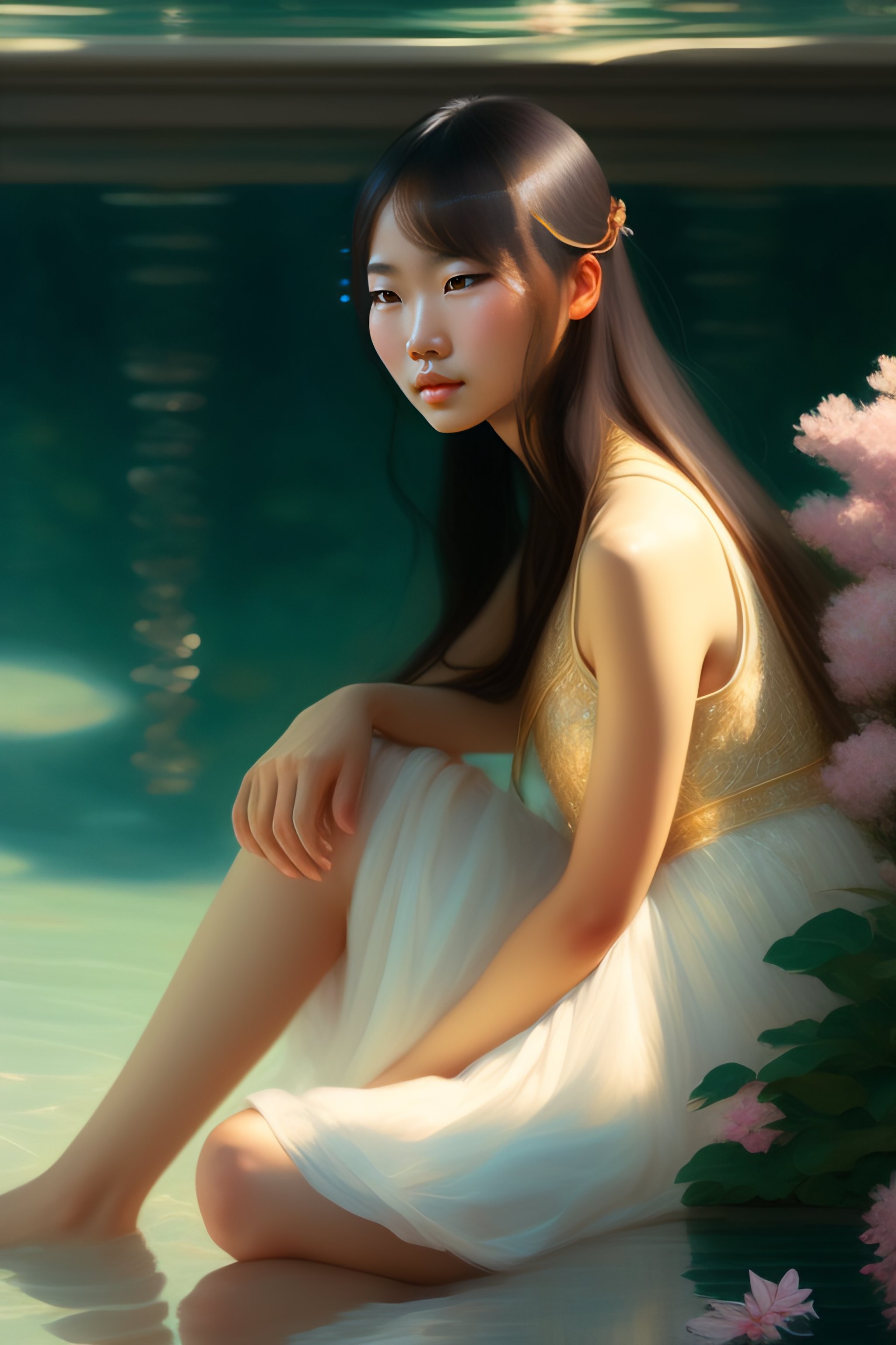Lexica - Young asian girl, blond bunch, sit on the edge of swimming pool, intricate, elegant ...