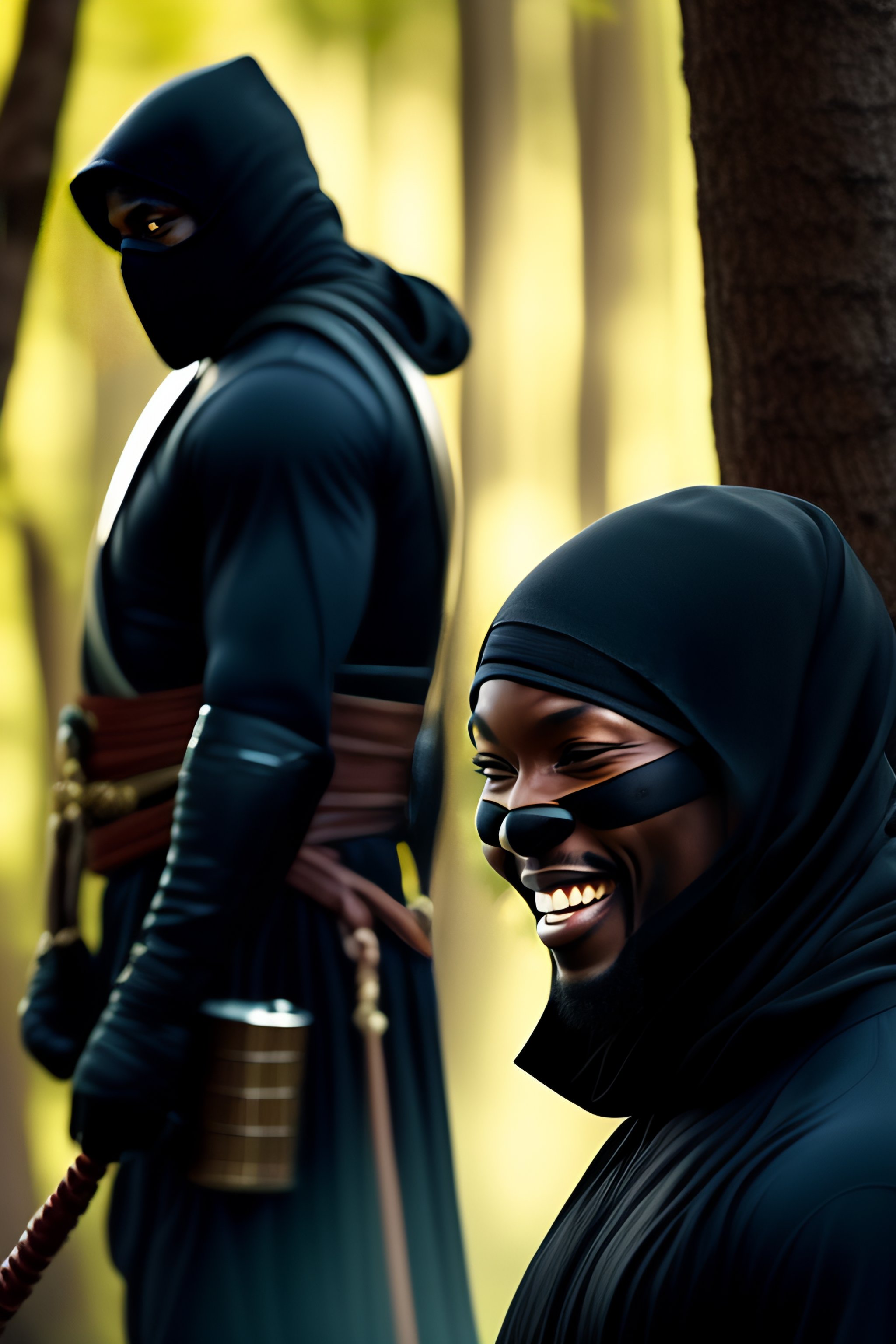 Lexica - Image of two black Ninjas assassins,laughing while training in the woods